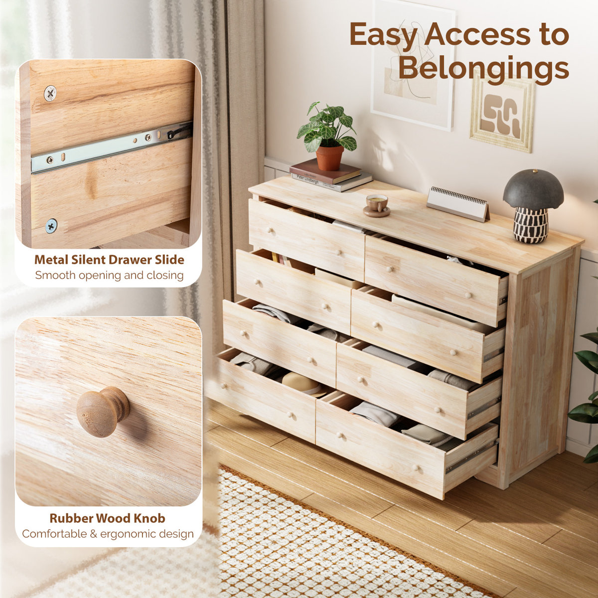 Winston Porter Natural Rubberwood And MDF Double-Row Eight-Drawer ...