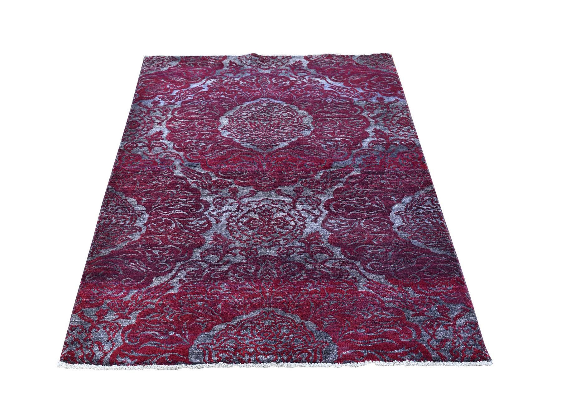 Isabelline 3'2"X5'6" Wine Red Wool & Silk Modern Damask Design Mat Hand ...