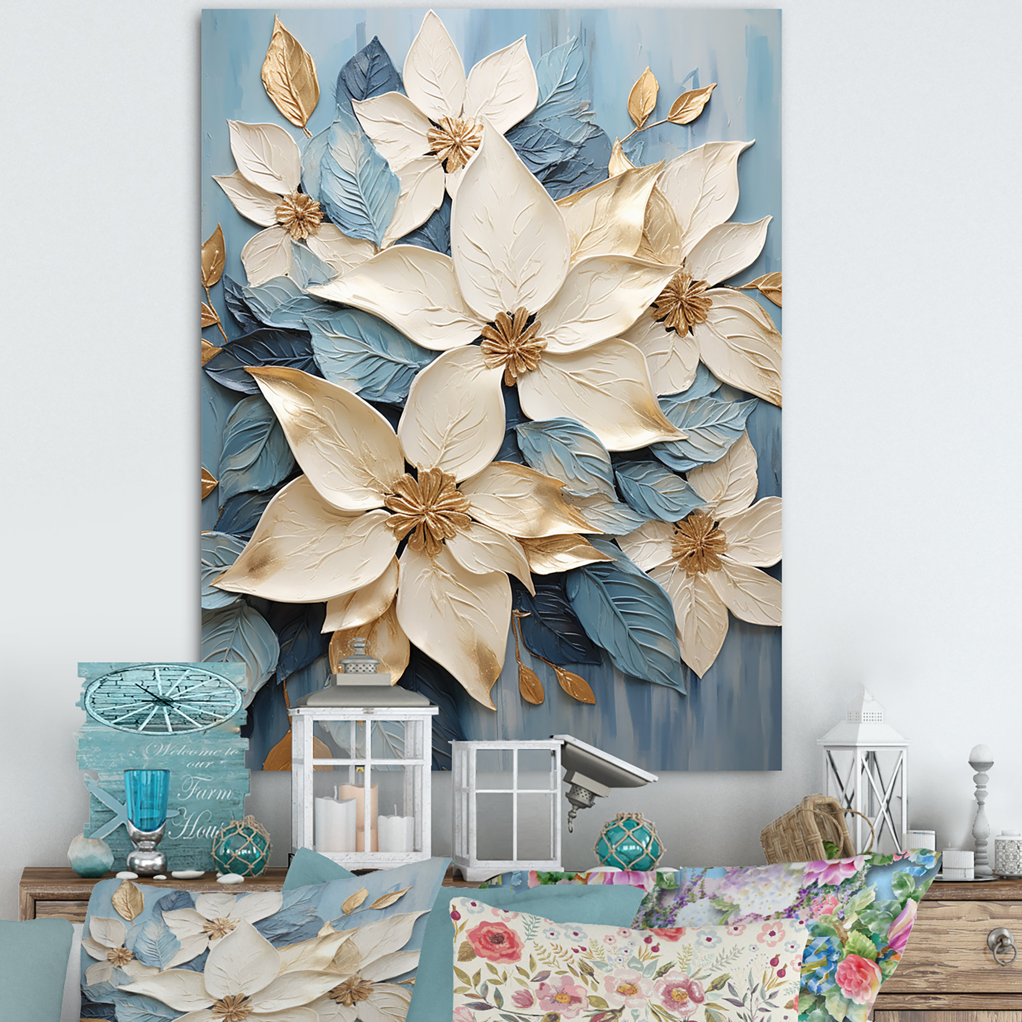 Winston Porter Beige And Blue Whimsical Poinsettias Flowers Framed On ...