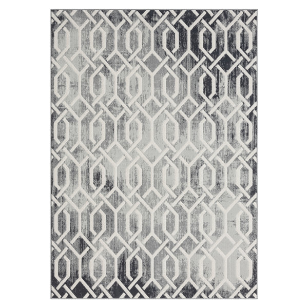 Latitude Run® Geometric Machine Made Power Loom Area Rug in Black/Gray ...
