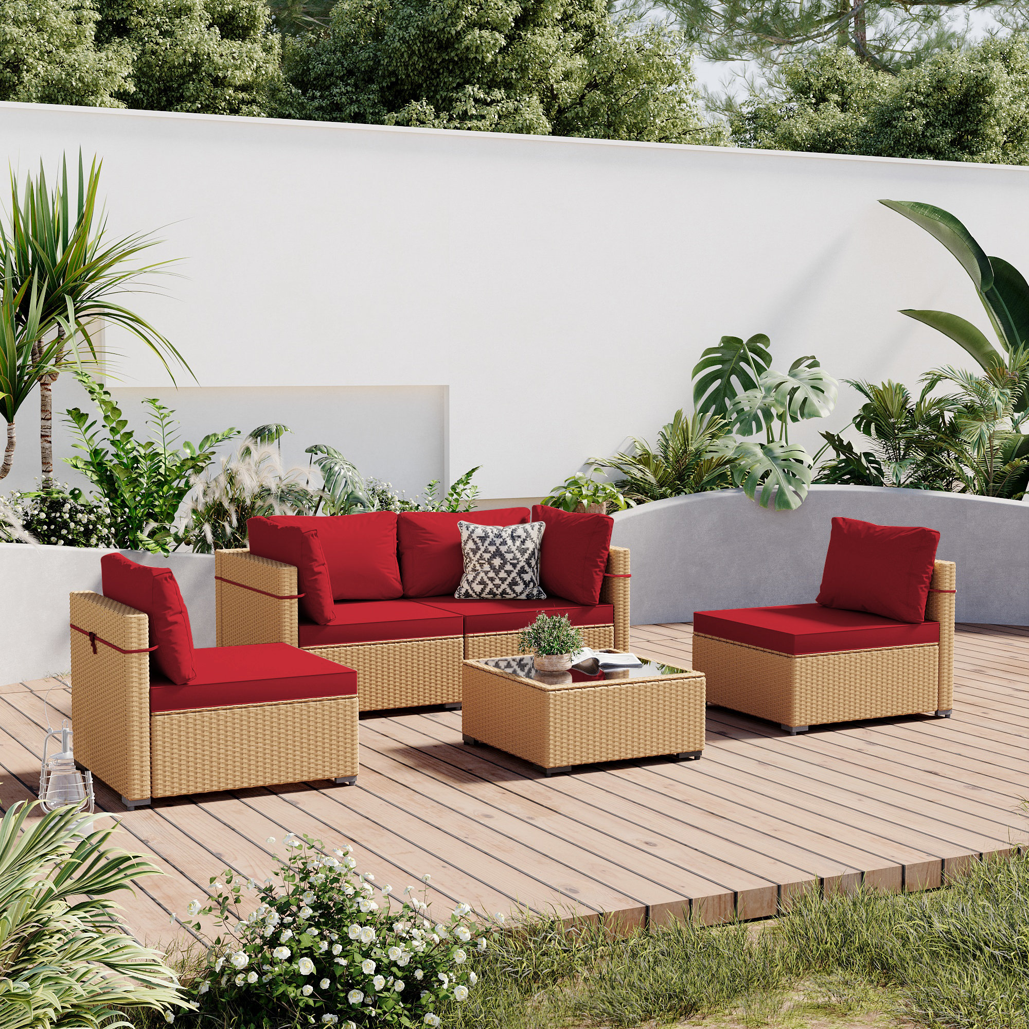 Latitude Run® 5-Pieces Beige Rattan Conversation Set with Beige Cusions ...