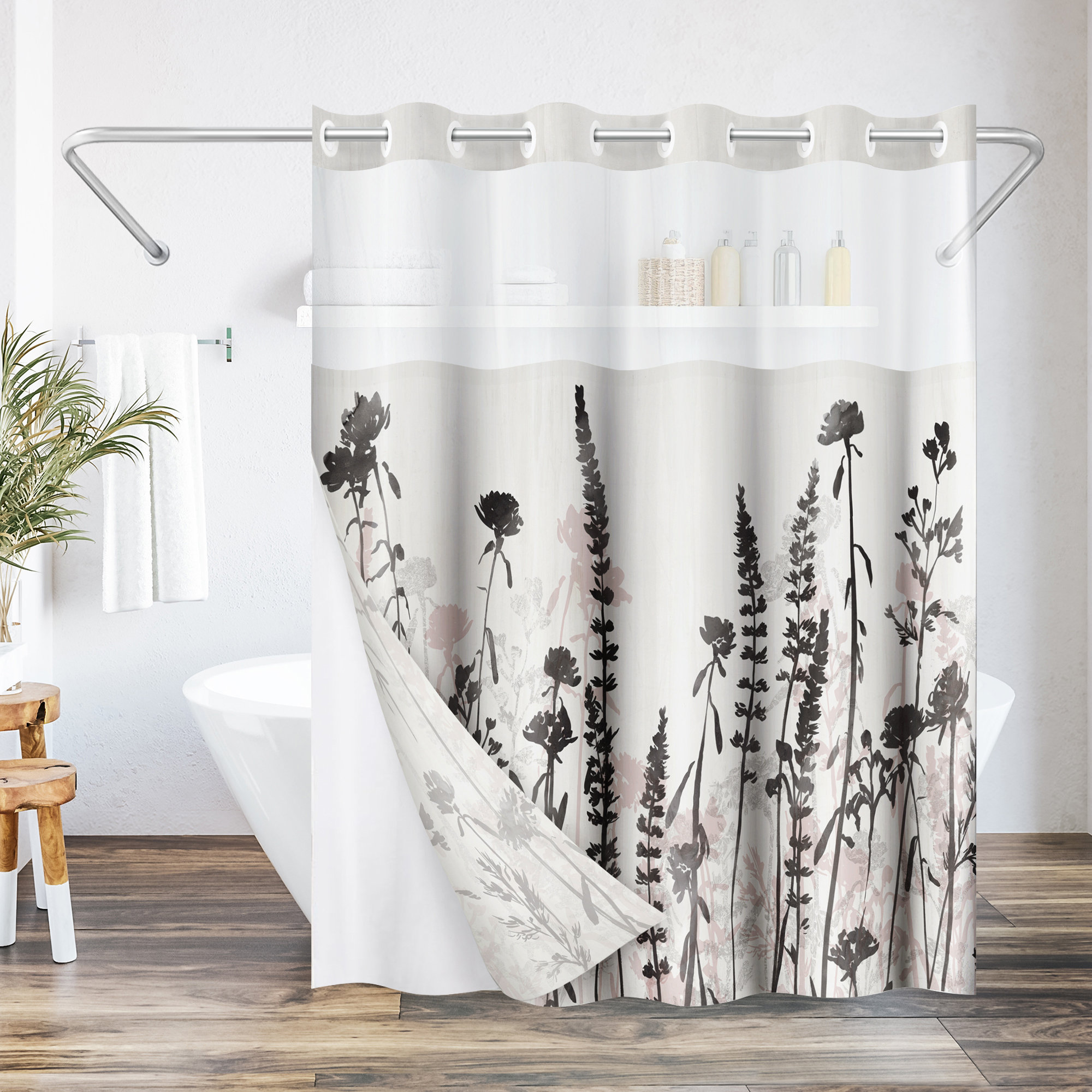 East Urban Home 72X75 Hookless Shower Curtain - Floral Cream And Red ...