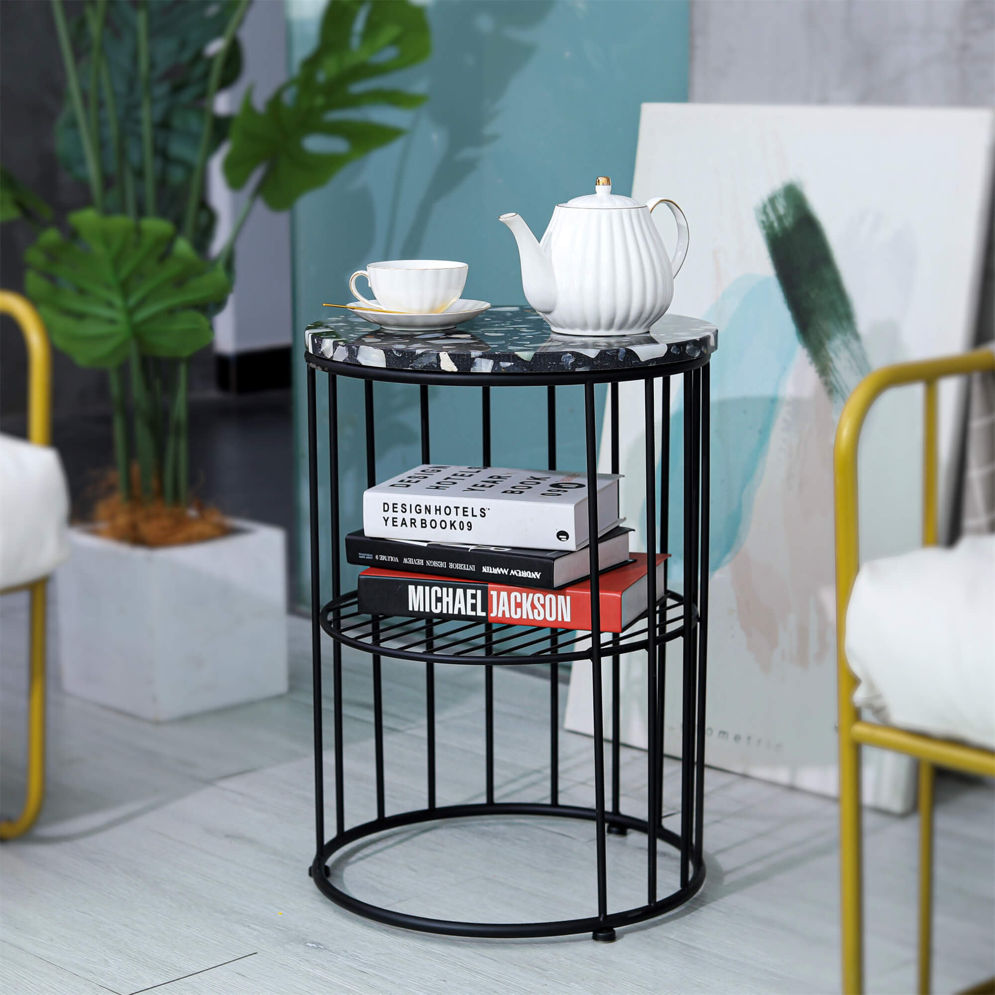 Mercer41 Shounda Translucent Terrazzo Stone Side Table With Metal Frame ...