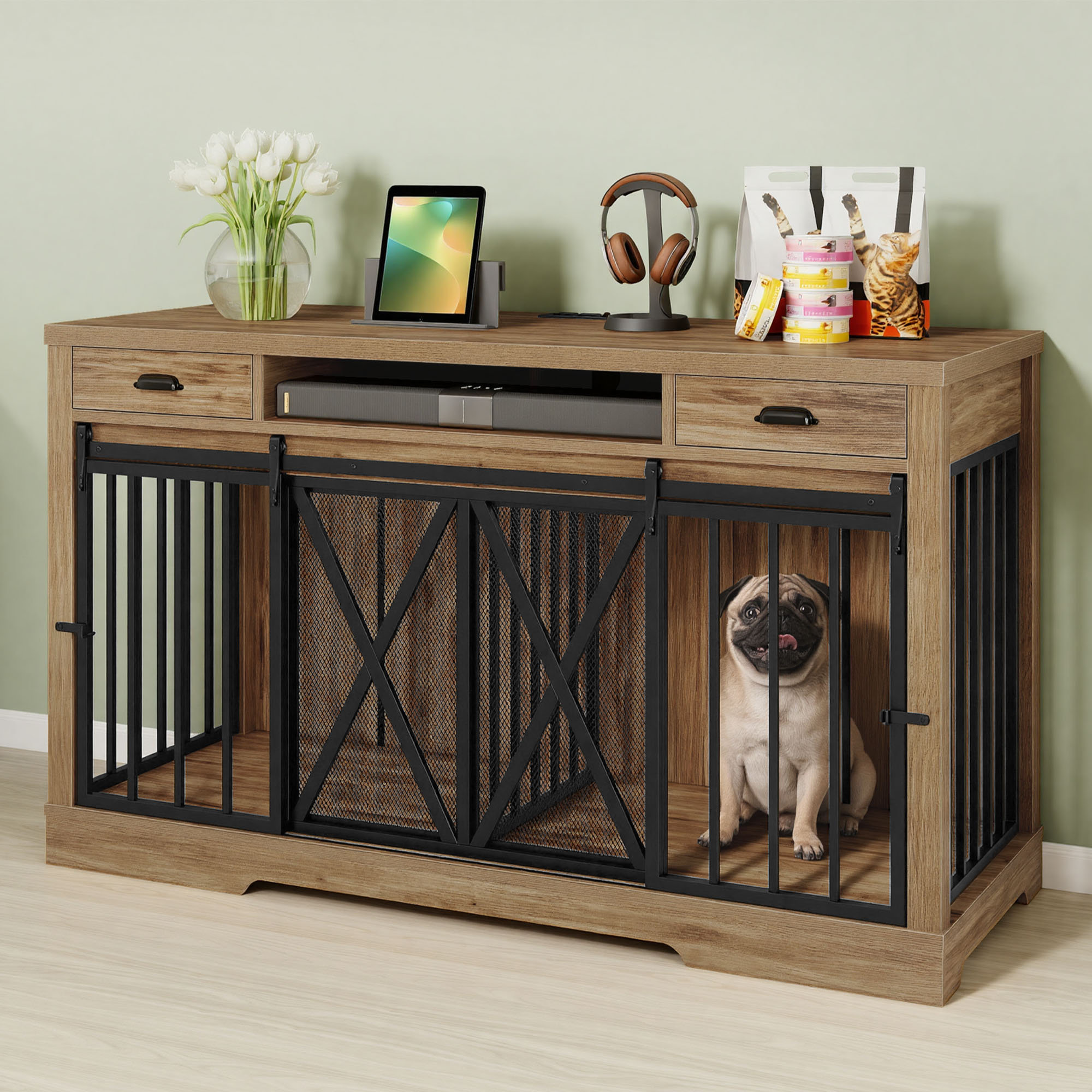 Balconera 62.6'' Double Dog Crate Tv Stand With Charging Station | Wayfair