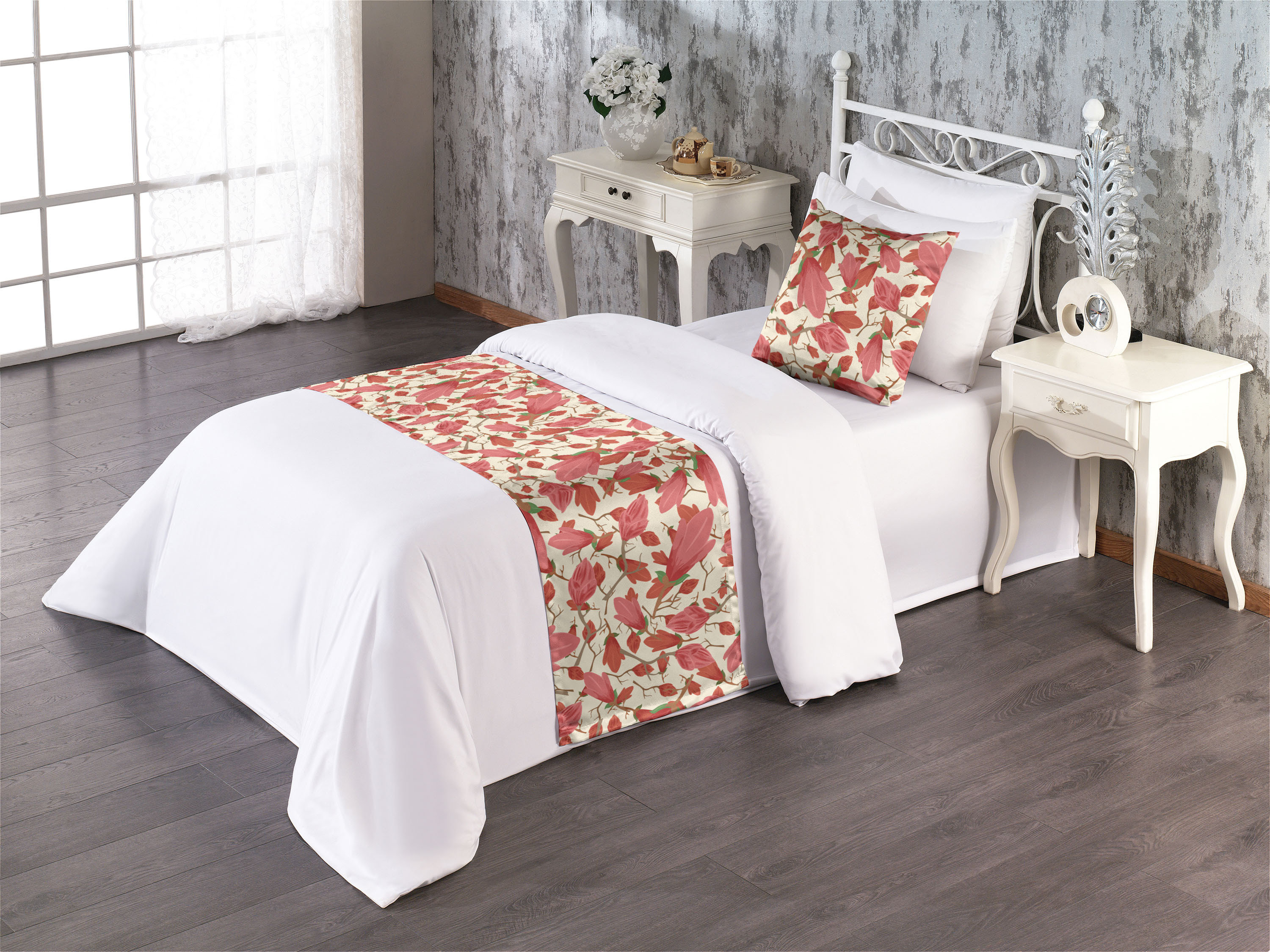 Ambesonne Magnolia Pattern Bed Runner Set Art Delicate Bloom Pale Ruby Fern Green | Wayfair