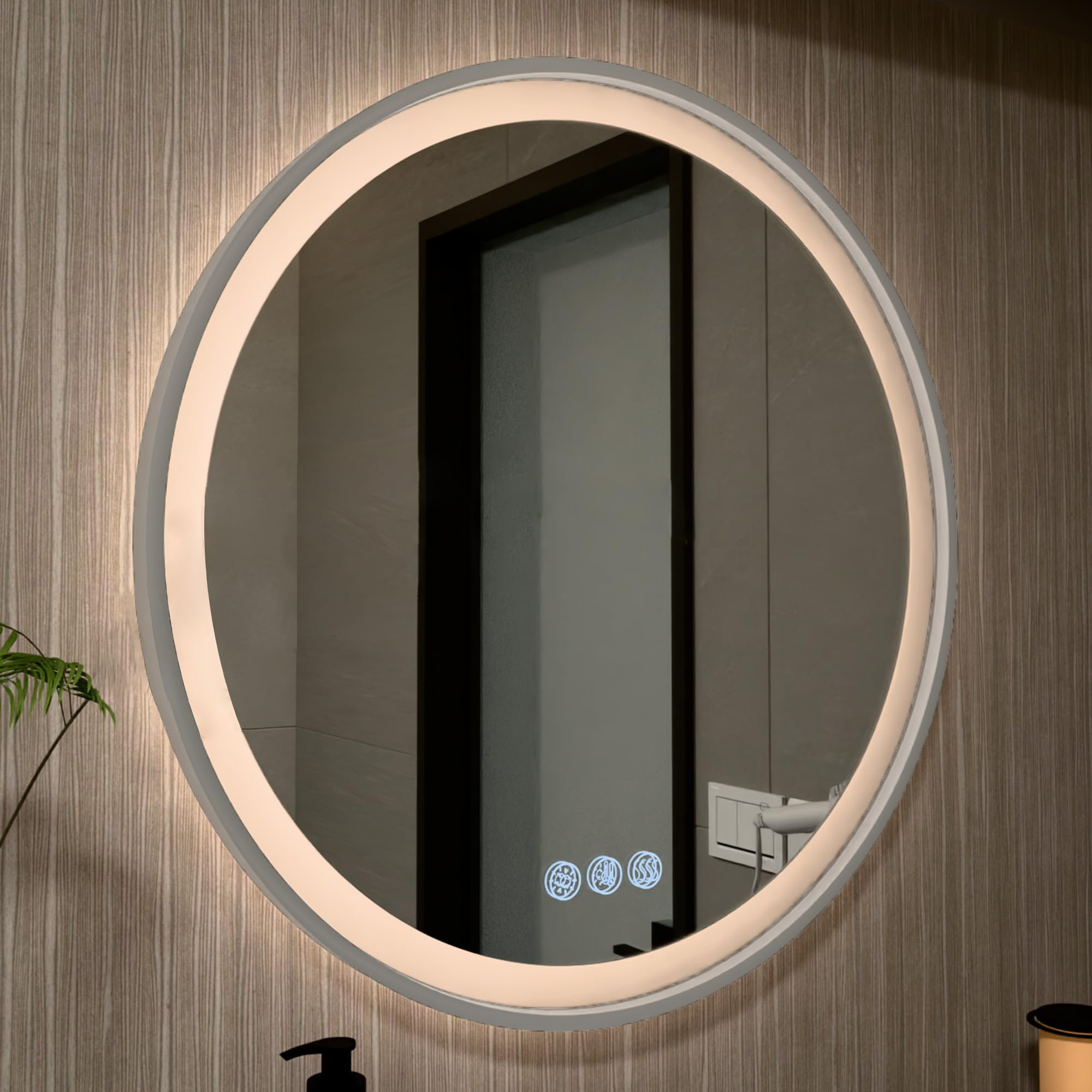 East Grove Home Lucid Collection Front Illuminated 24in Round LED Mirror in Titanium Edge Frame ...
