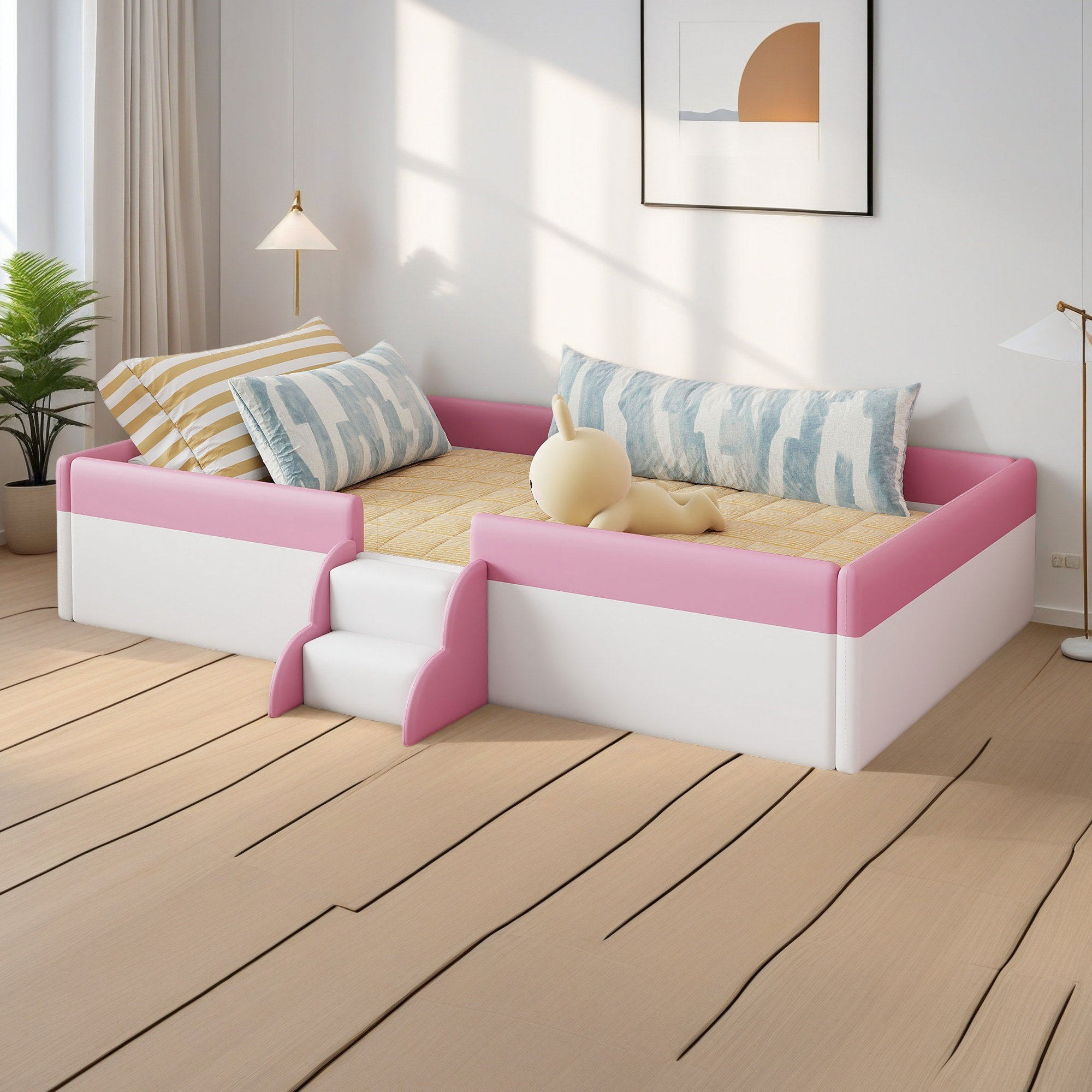 Lark Manor™ Queen Size Upholstered Daybed Frame With Fence And Stairs ...