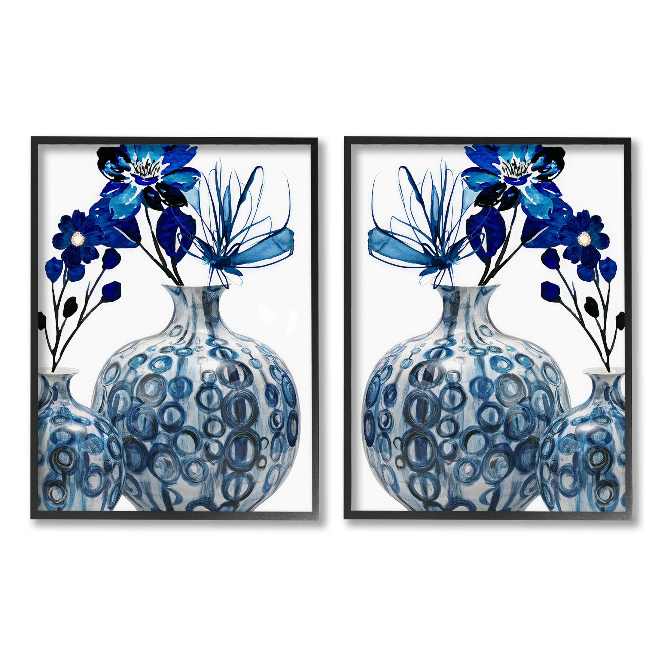 Stupell Industries Bold Blue Ikebana Patterned Vase 2 Piece Framed ...