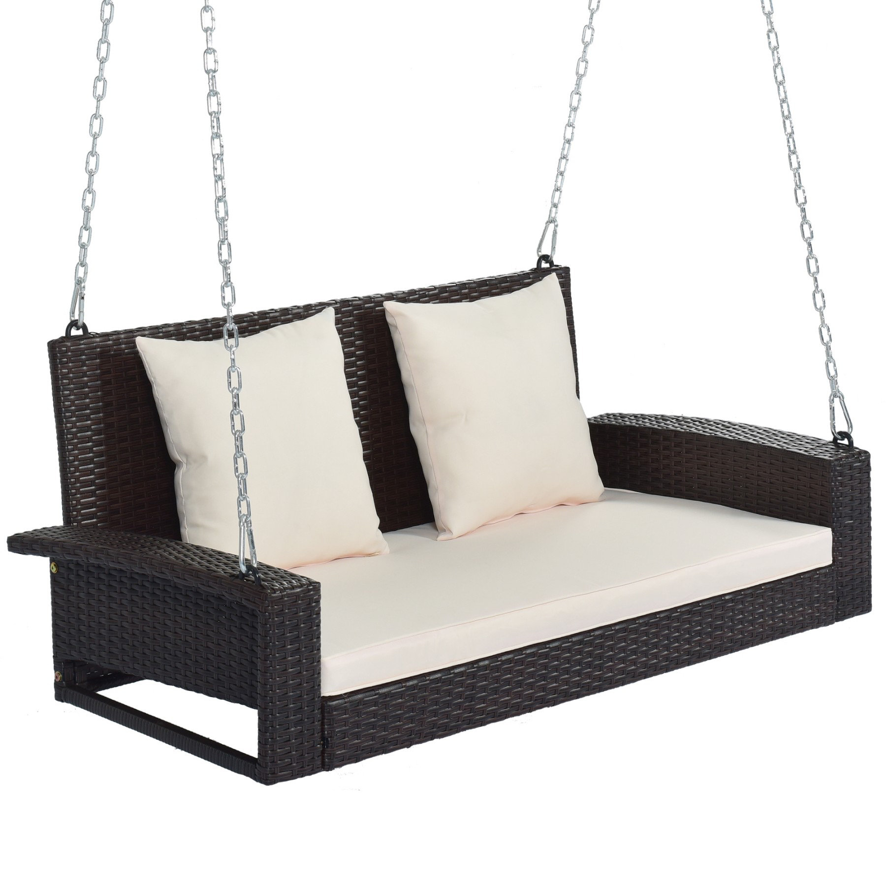 Dovecove GO 2-Person Wicker Hanging Porch Swing with Chains, Cushion, Pillow, Rattan Swing Bench ...