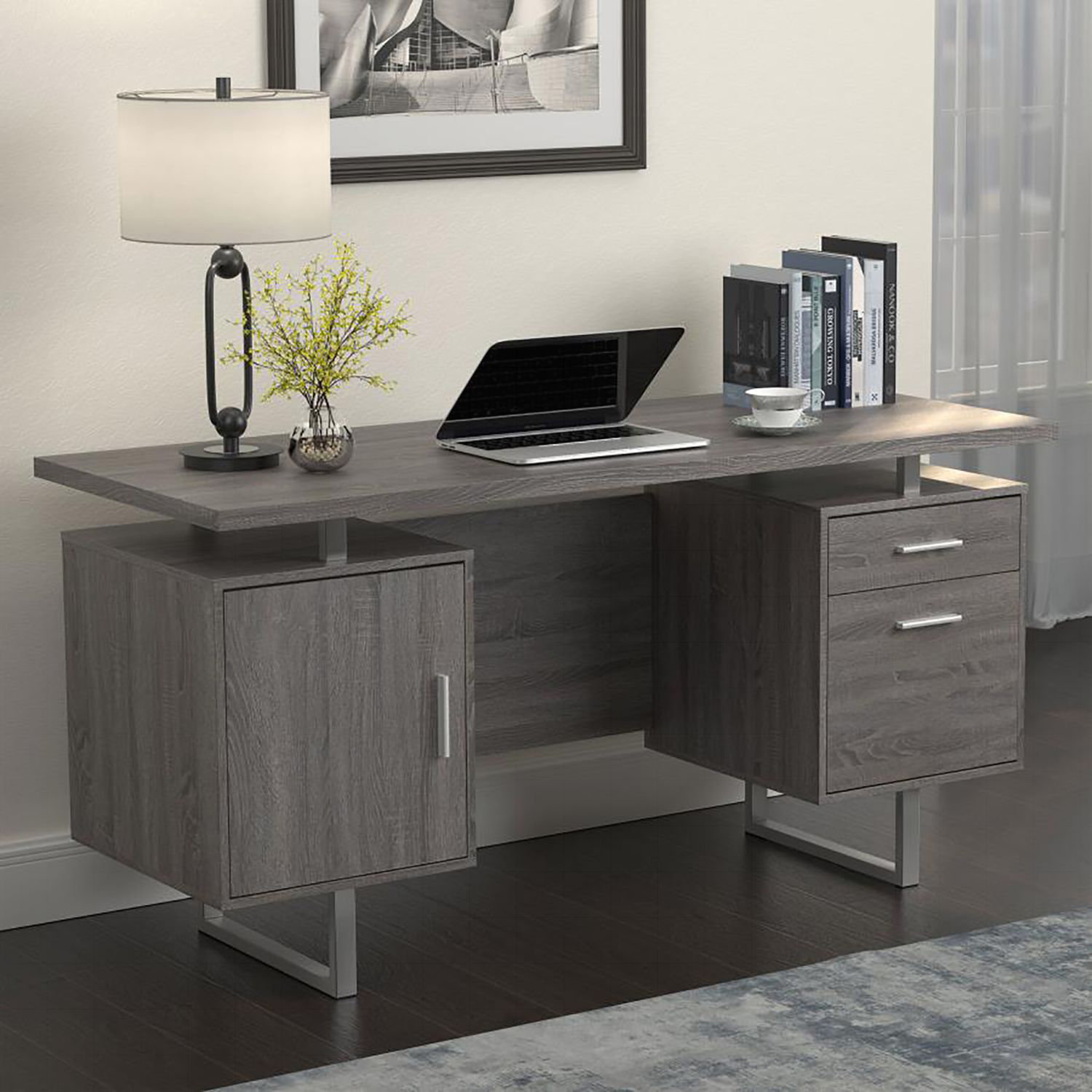 Ebern Designs Weathered Grey 2-Drawer Floating Top Office Desk with ...
