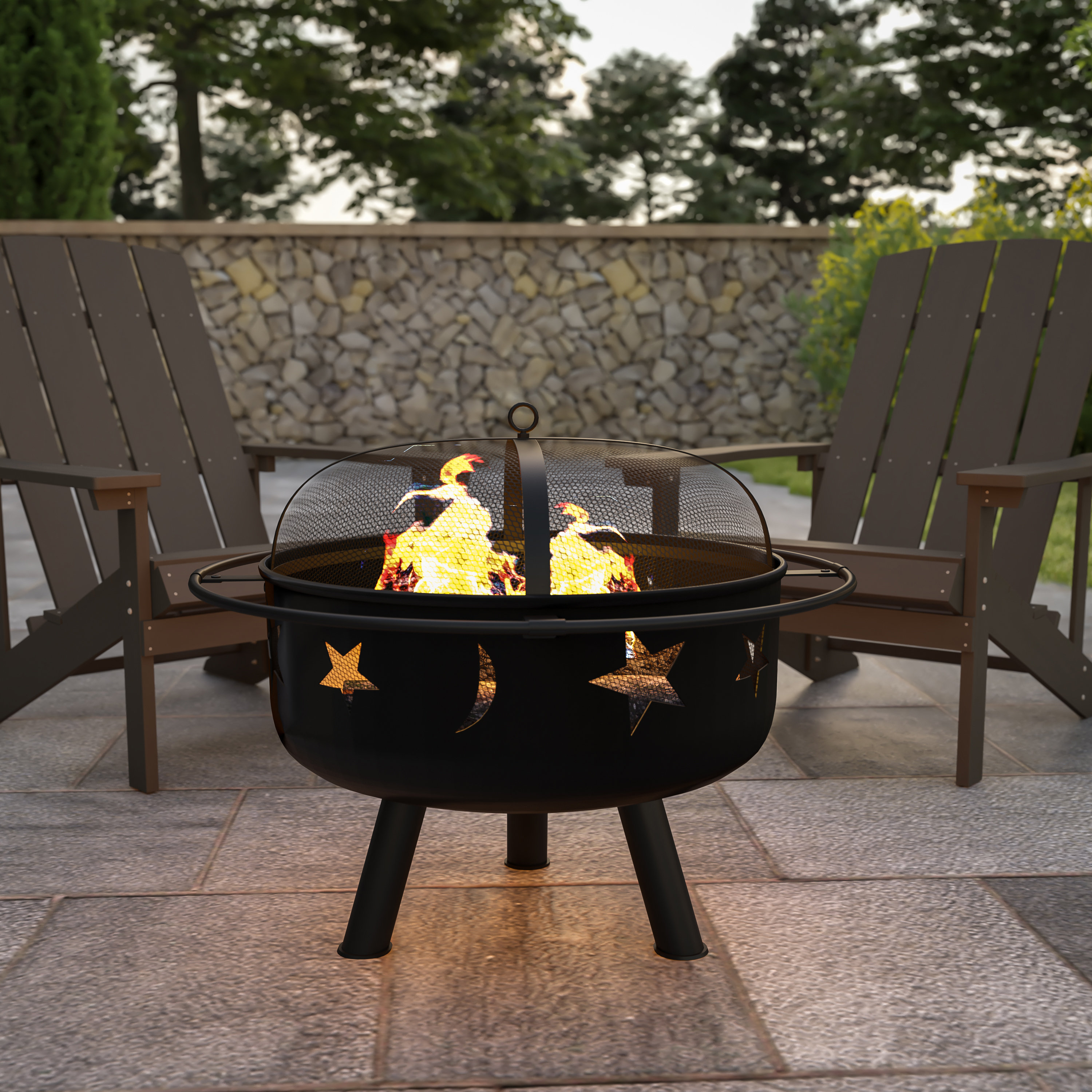 Flash Furniture Ignis Round Wood Burning Star and Moon Firepit with ...