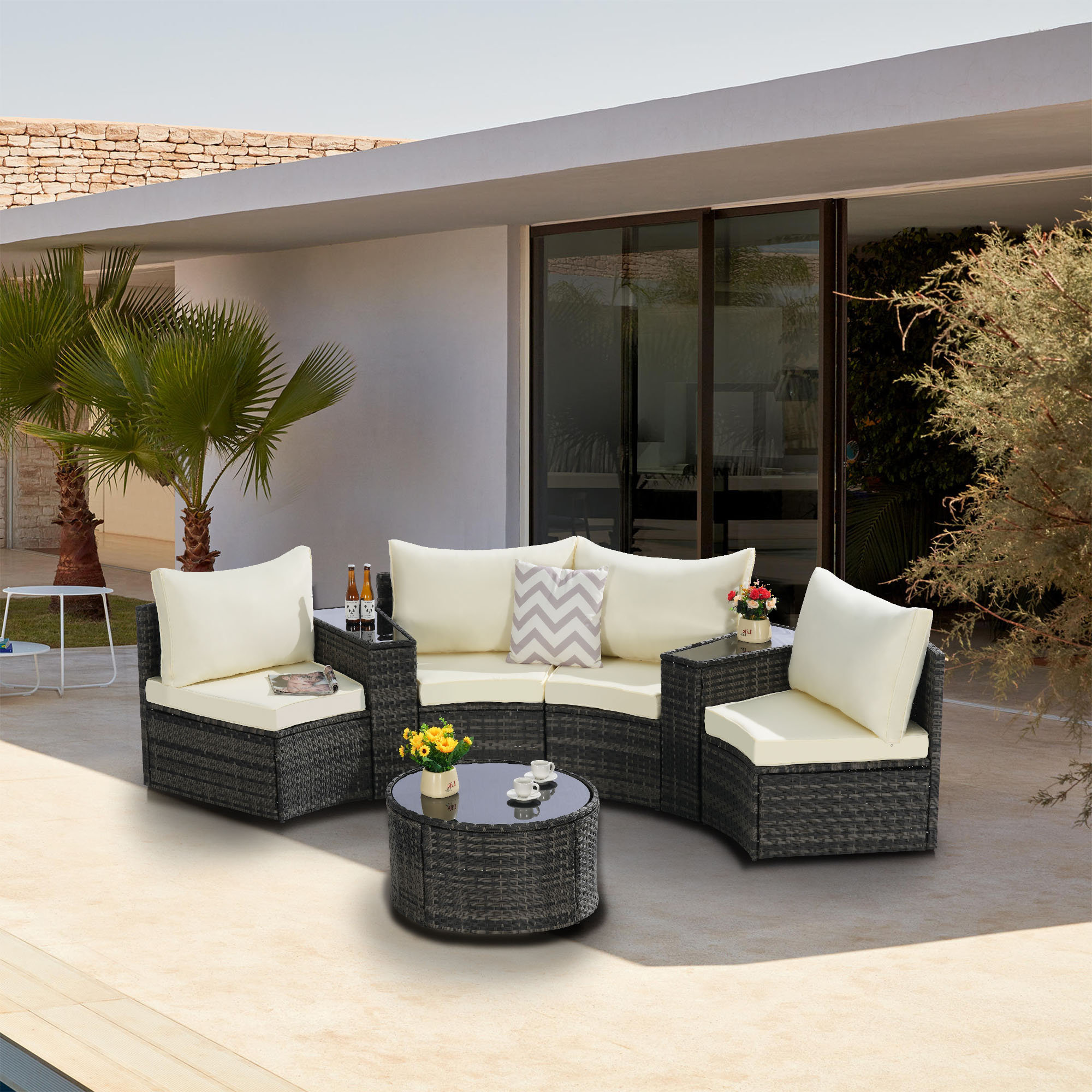 Ebern Designs 7-Piece Sectional Outdoor Conversation Set with 4 Armless ...