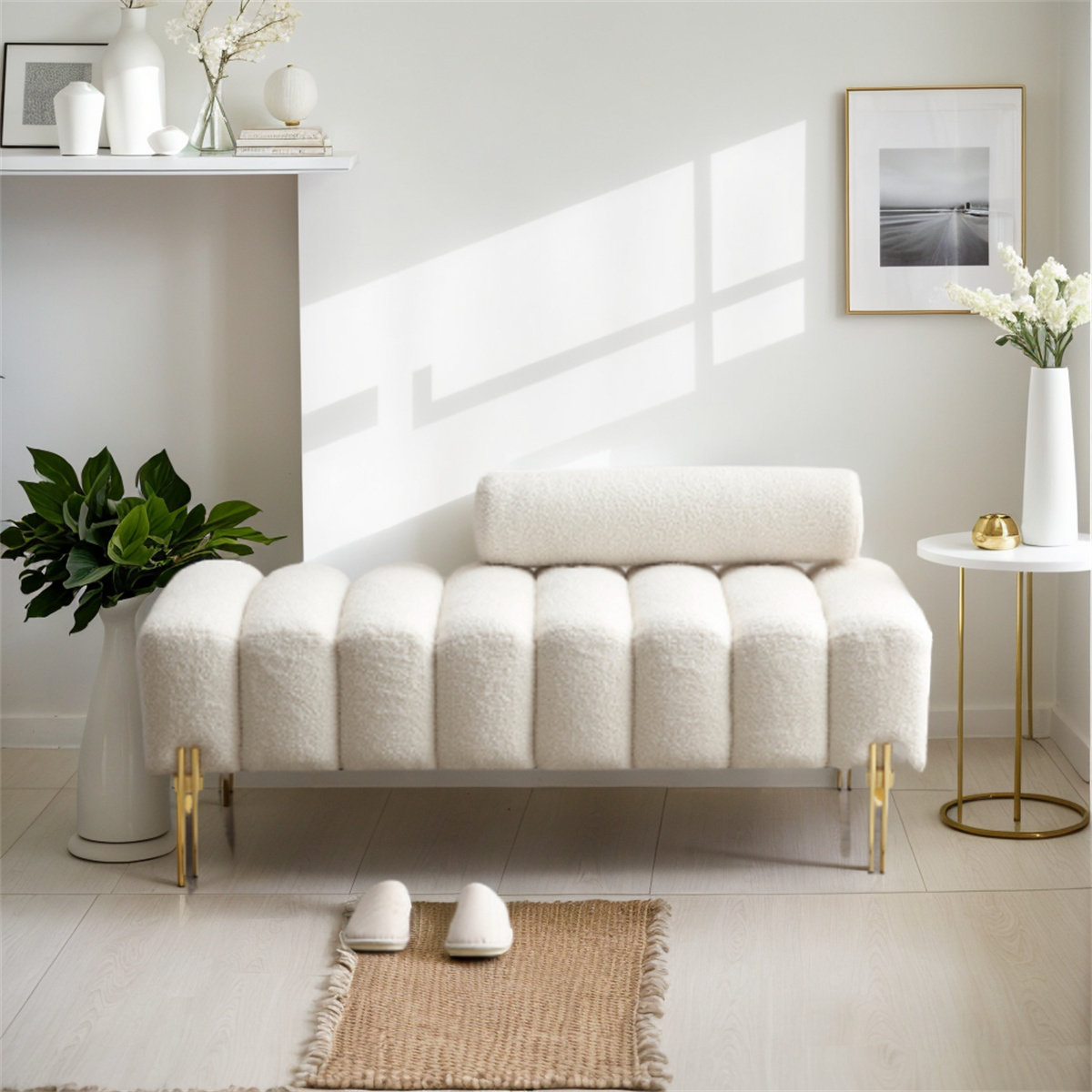 Mercer41 Channel Bench For Bedroom End Of Bed, 53" Upholstered Fabric ...