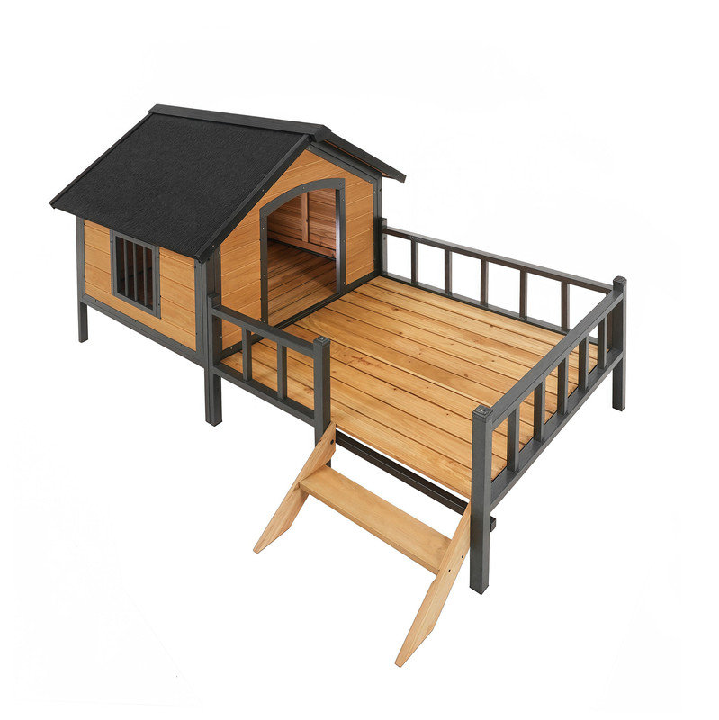 One Allium Way® Outdoor Wooden Dog House with All-Around Iron Frame ...