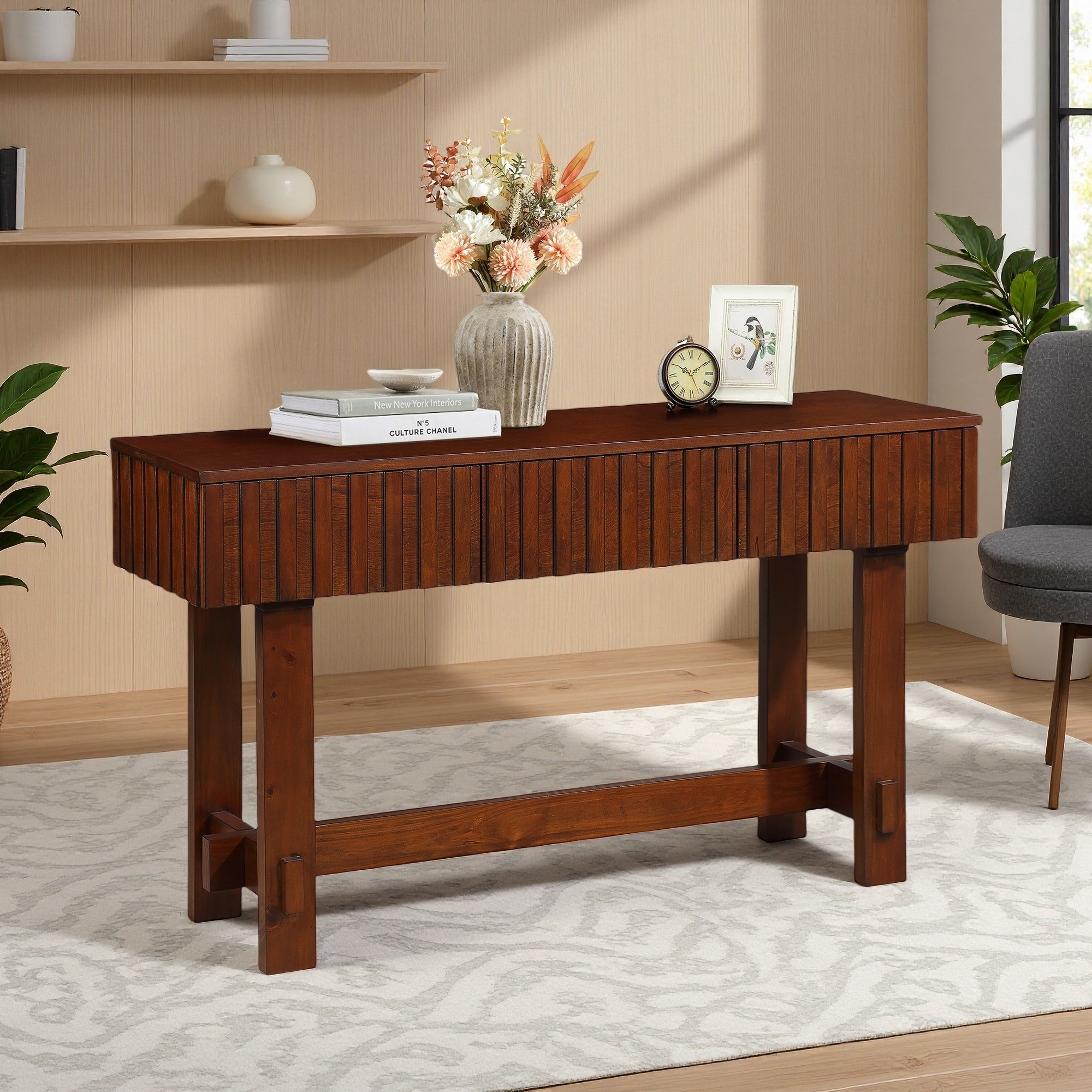 Latitude Run® 52 Inch Sofa Table With Storage Drawers, Mid Century ...