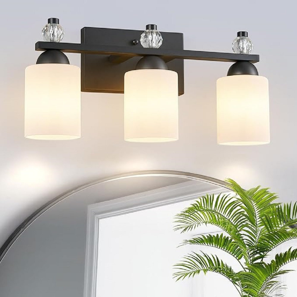 House of Hampton® 3 Light Mid Century Black Vanity Light Over Mirror ...