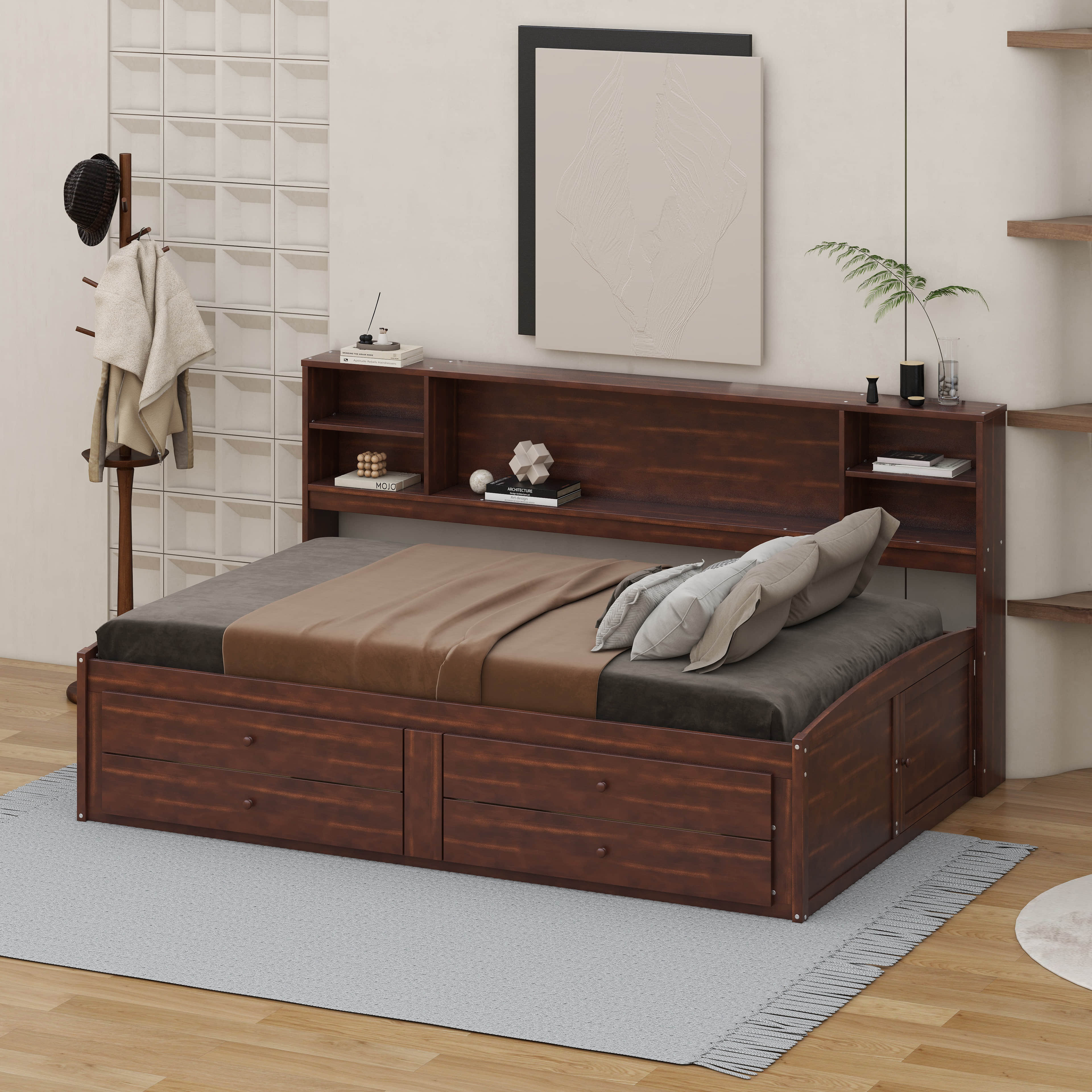 Lark Manor Full Size Wooden Captain Bed With Built-In Storage Shelves ...