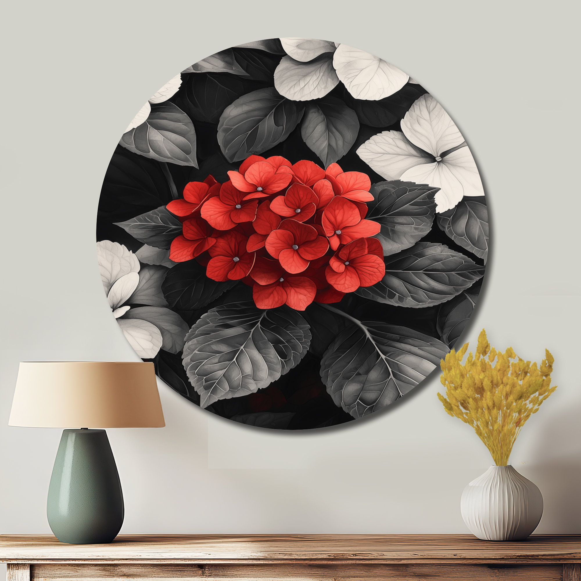 Winston Porter Monochrome Hydrangeas With Red Petal Accent II ...
