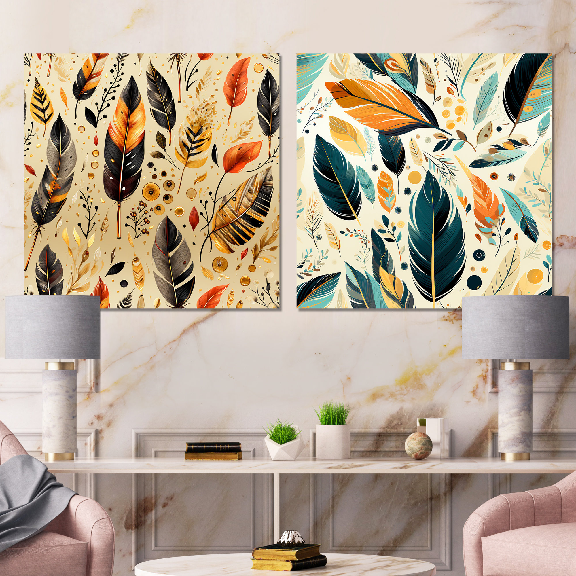 Design Art Artistic Nomad Boho Pattern Earth Tones II - Feathers Metal Wall Decor Square Set Of ...