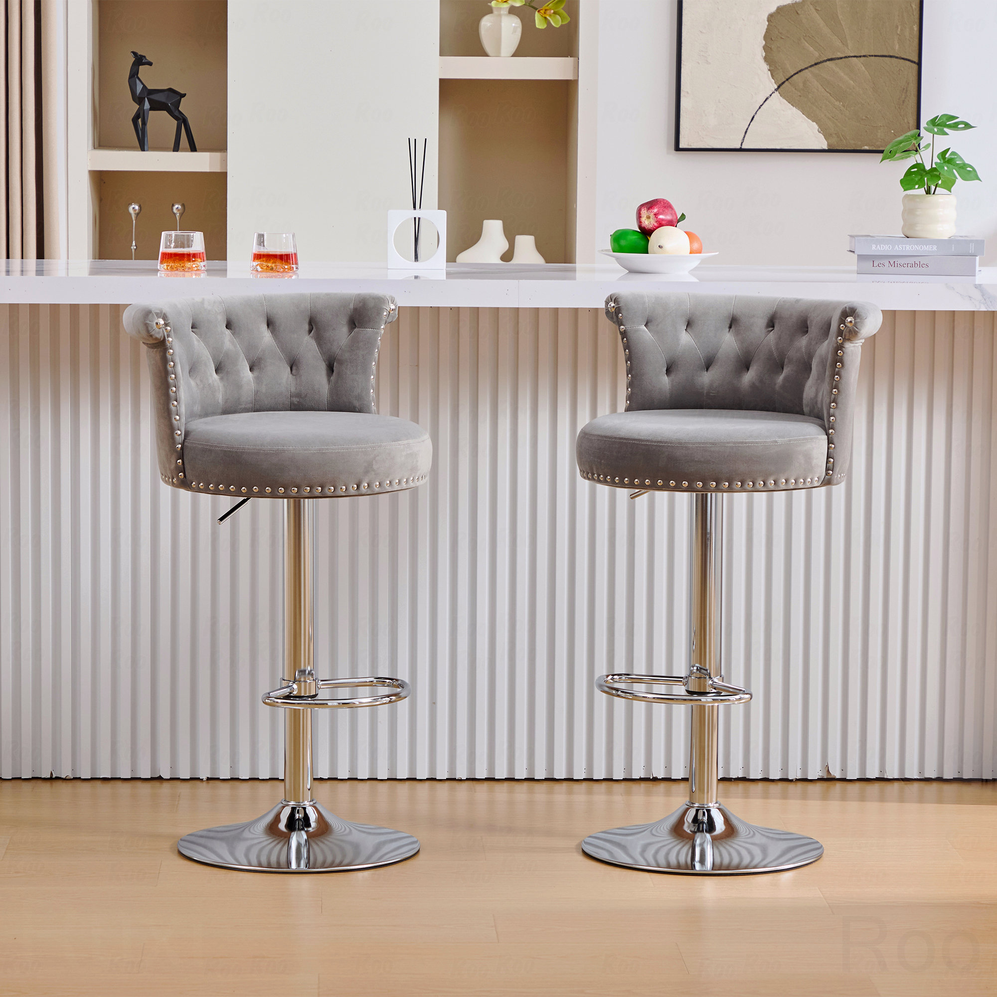Everly Quinn Velvet Bar Stool Set Of 2, Adjustable Swivel Bar Stools ...