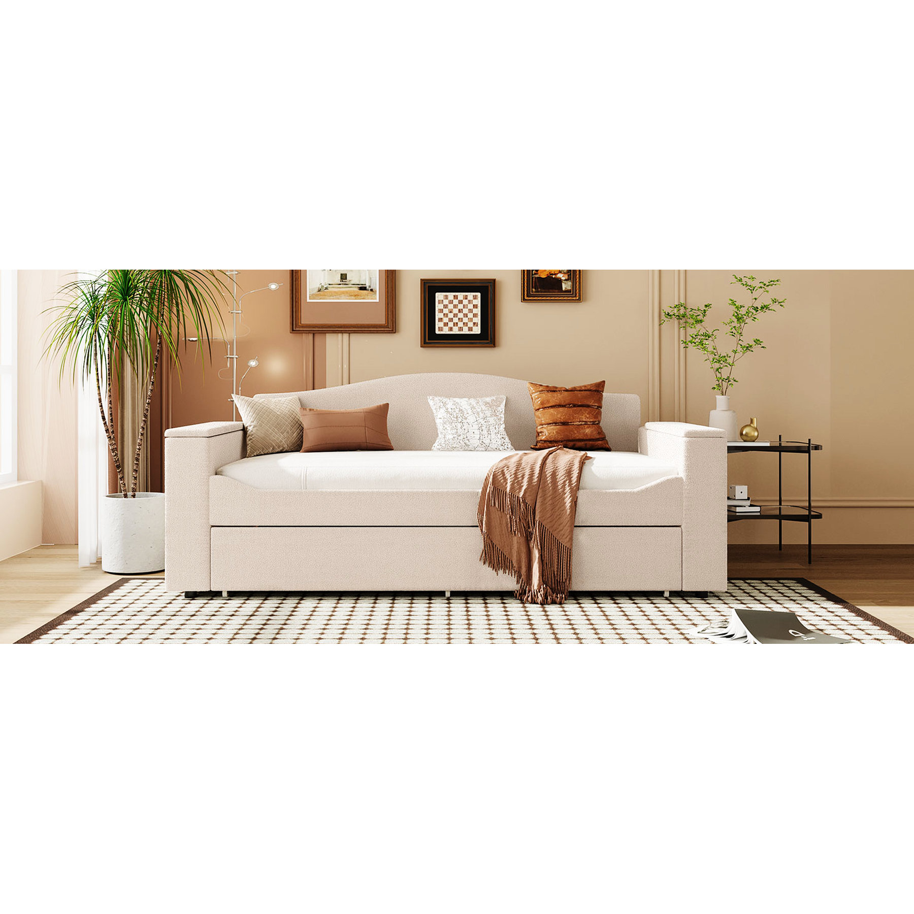 Latitude Run® Beige Fleece Daybed With Armrest Storage And Twin Trundle ...