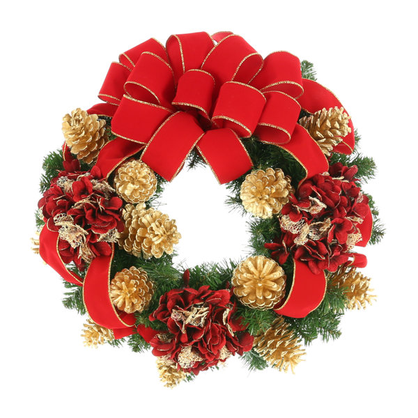 The Holiday Aisle® Johnavan Hydrangea and Pinecone Holiday Red Ribbon ...
