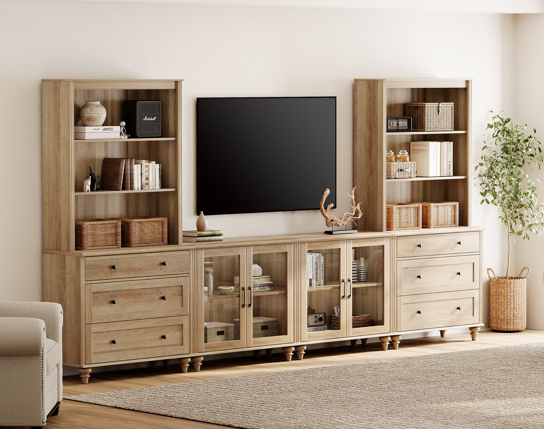 Canora Grey Entertainment Center With Bookshelves With Glass Doors ...