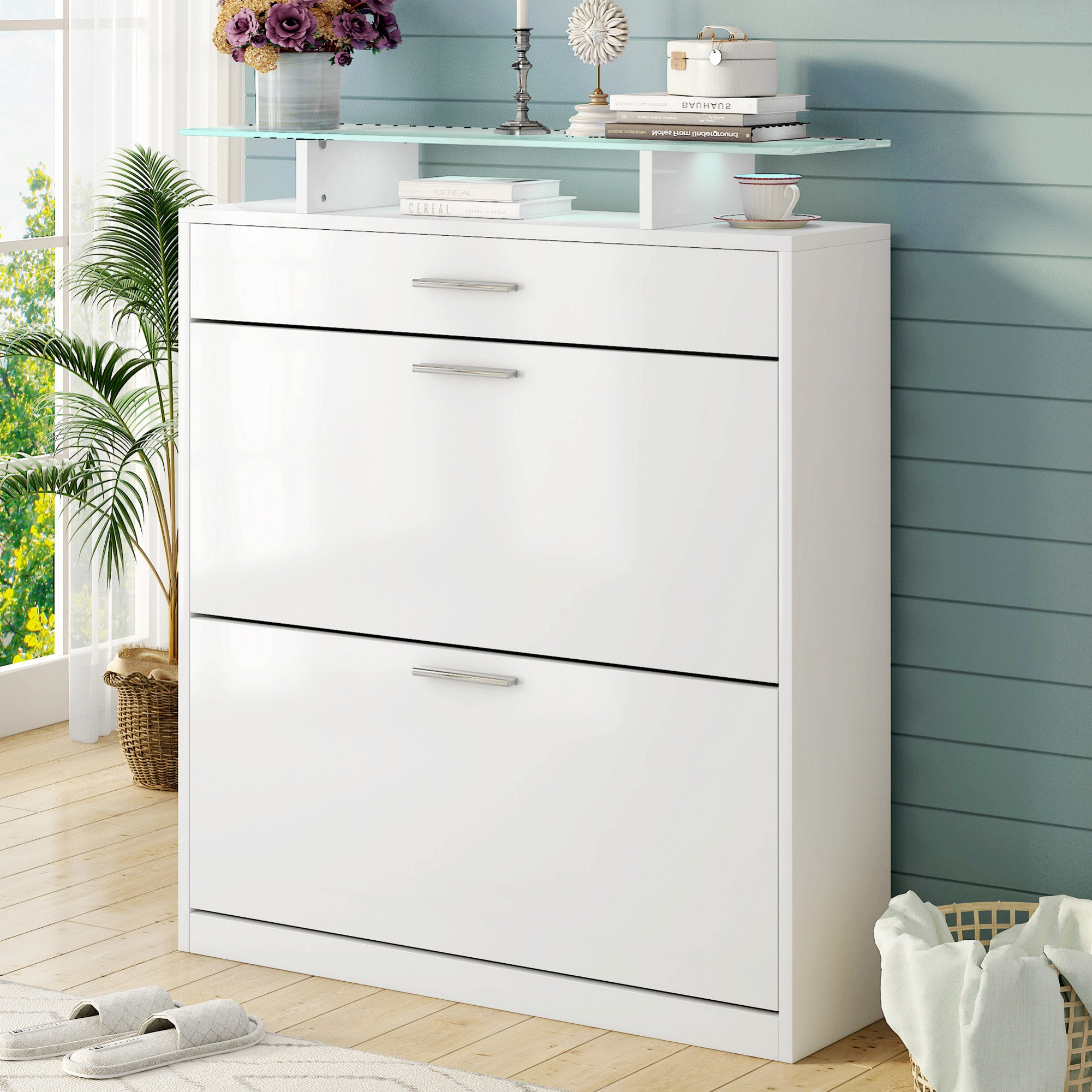 George Oliver Entryway Shoe Organizer With 2 Flip Drawers, Shoe Storage ...