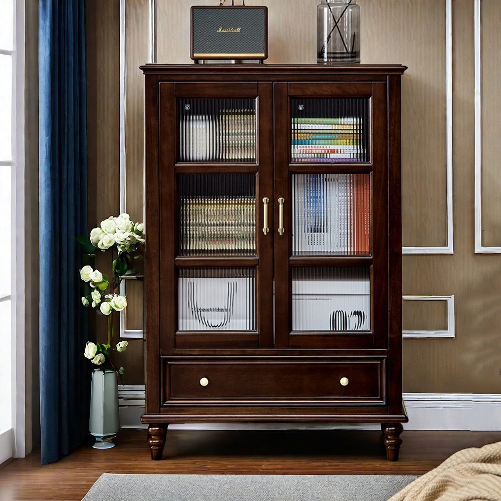 NICECABINET Retro Simple Double Door Glass Solid Wood Bookcase ...