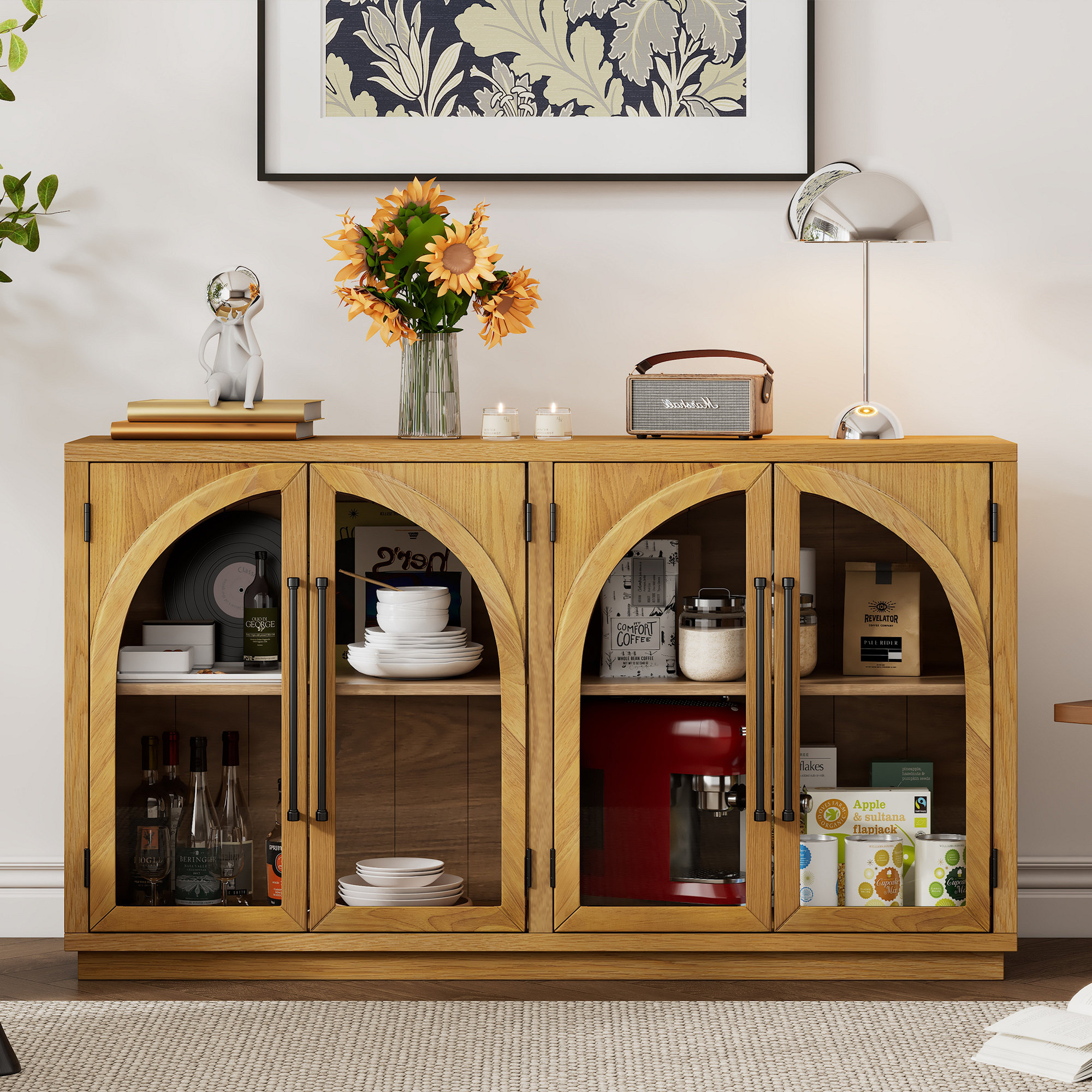 Alcott Hill® 4-Door Large Storage Sideboard Buffet Cabinet With Glass Doors, Arched Cabinet With ...