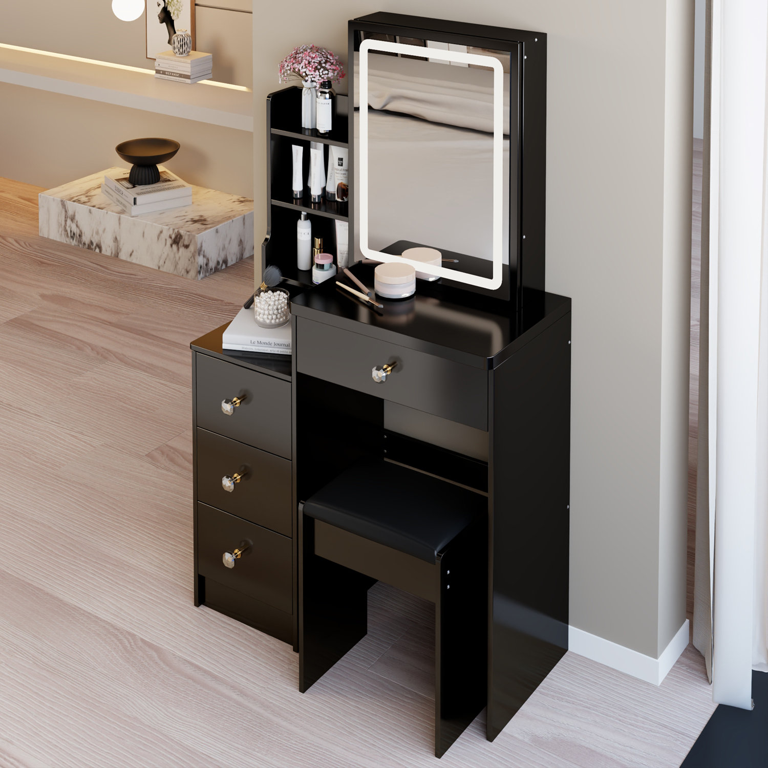 Ivy Bronx Makeup Desk With Brightness Adjust LED Mirror and stool | Wayfair