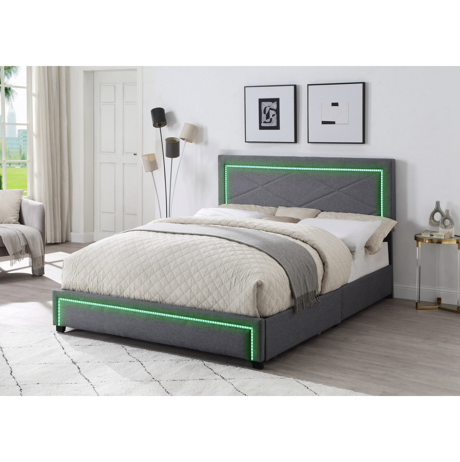 GZMWON Upholstered Platform Bed With Led Lights, Storage Bed With 4 ...