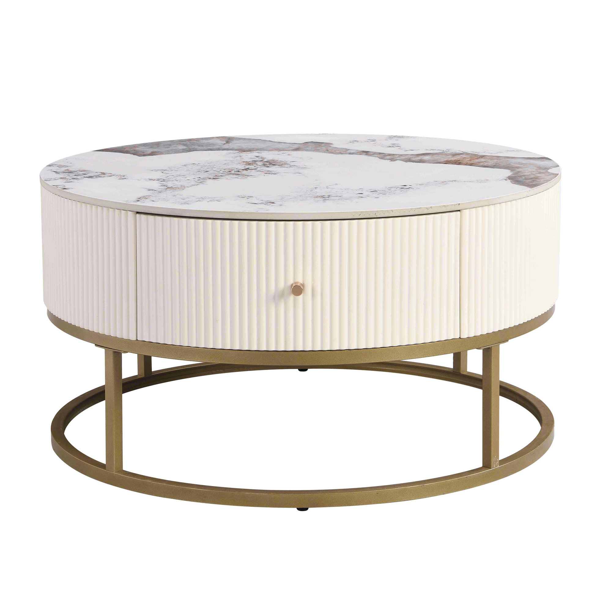 Mercer41 Modern Round Coffee Table with Drawers, Marble Table with ...