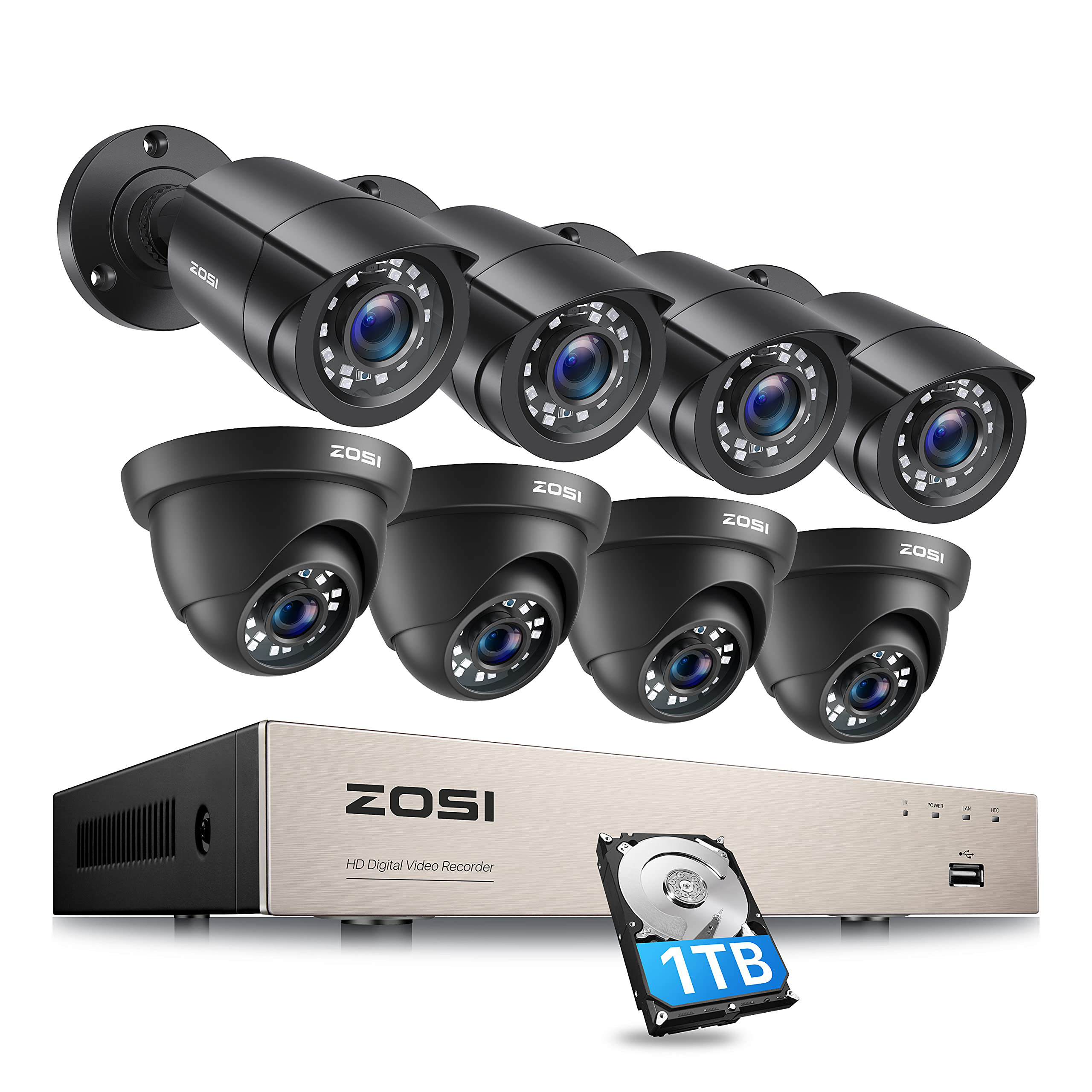 ZOSI 8CH DVR Security Camera System with 1TB HDD , 8 x 2MP Bullet/Dome ...