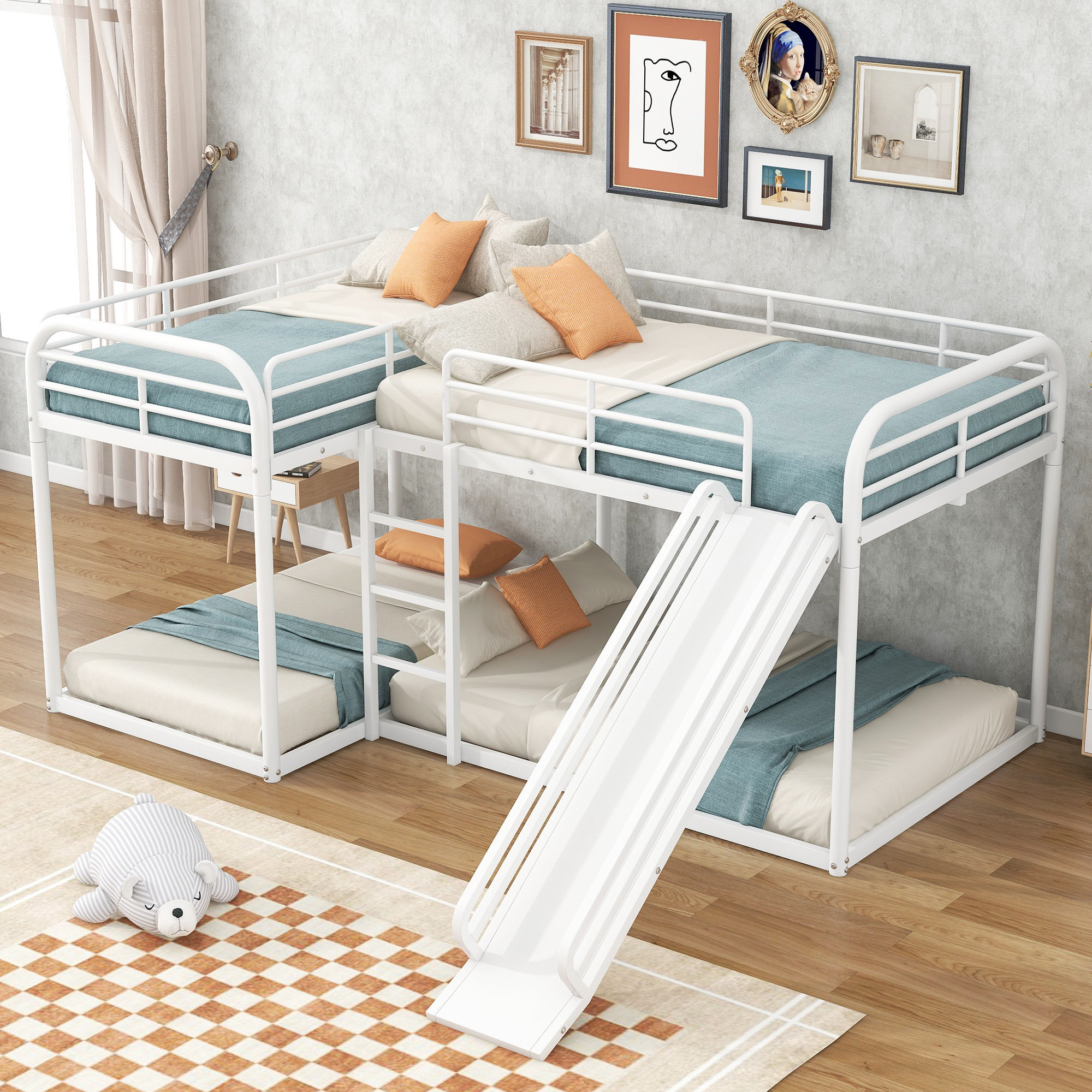 Ivy Bronx L-Shaped Bunk Bed with Slide, Short Ladder, Metal Frame, Kids ...