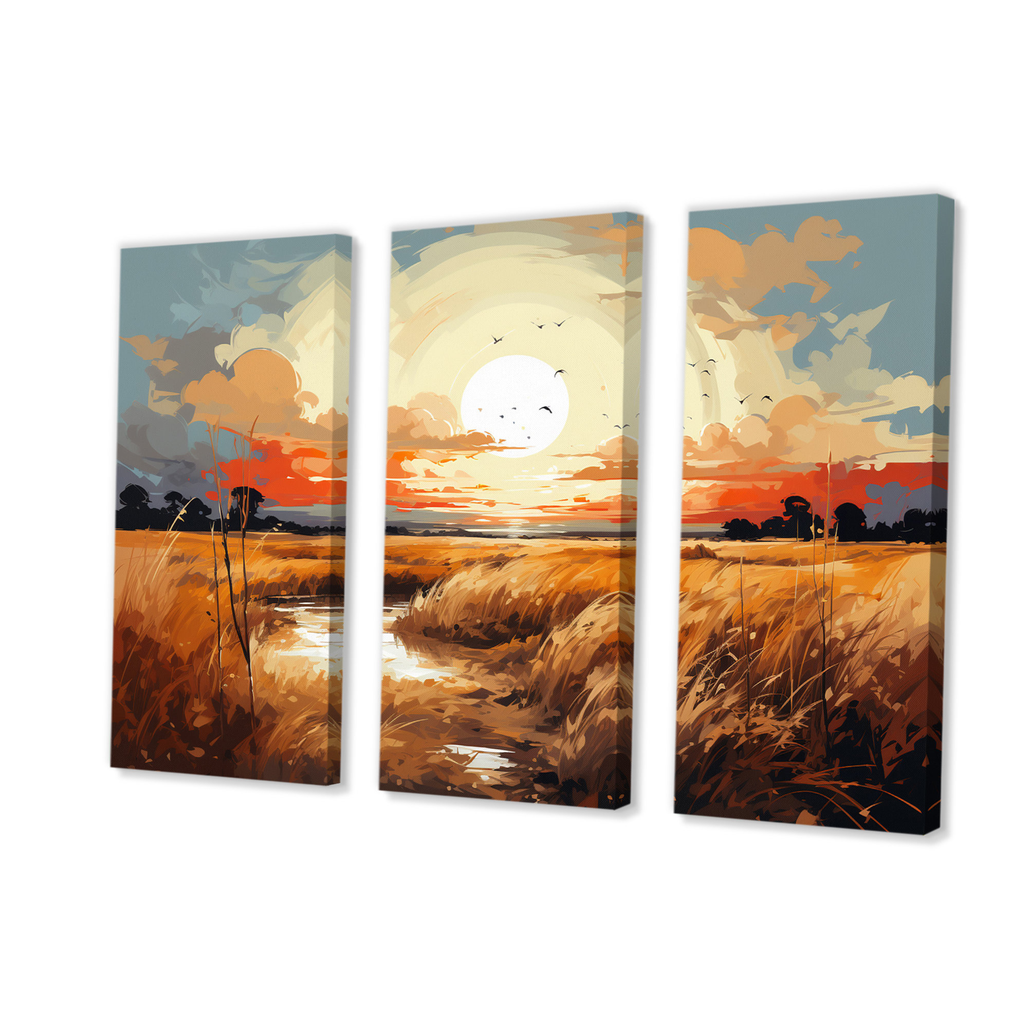 Design Art Romantic Sunset Over Rural Wheatfield - Meadow Wall Decor ...