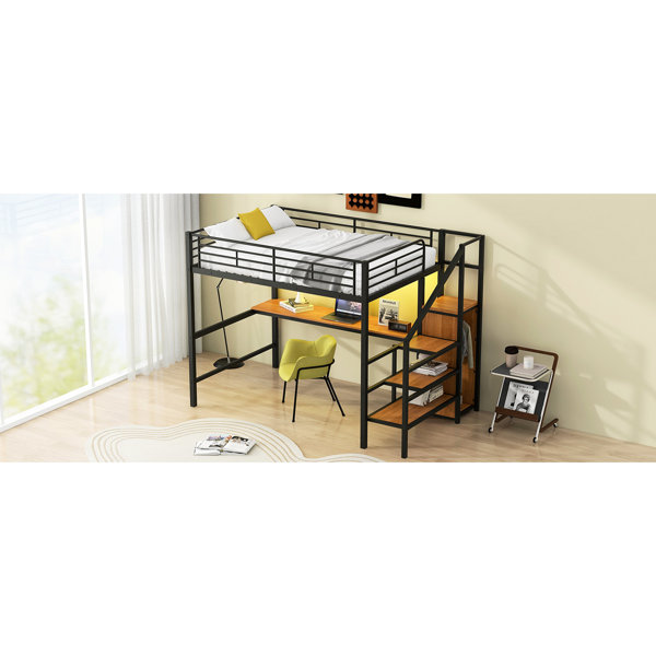 Latitude Run® Full - Size Metal Loft Bed, Desk, Storage Staircase ...