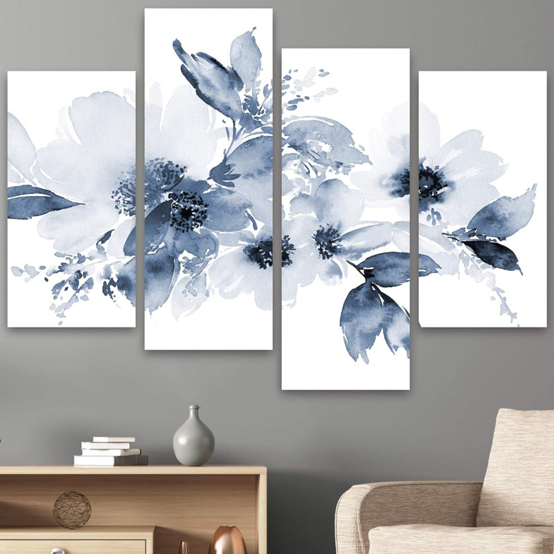IDEA4WALL Minimal Botanical Watercolor Pastel Blue Flowers Abstract ...