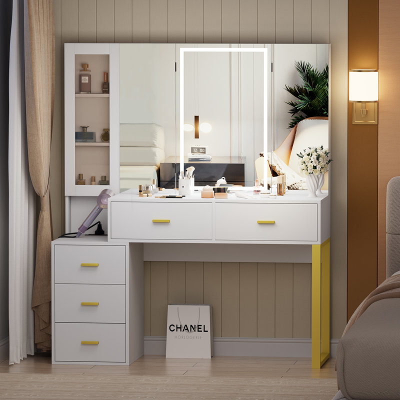 Mercer41 Angonita White Vanity with Light Up Tri-fold Mirror and ...