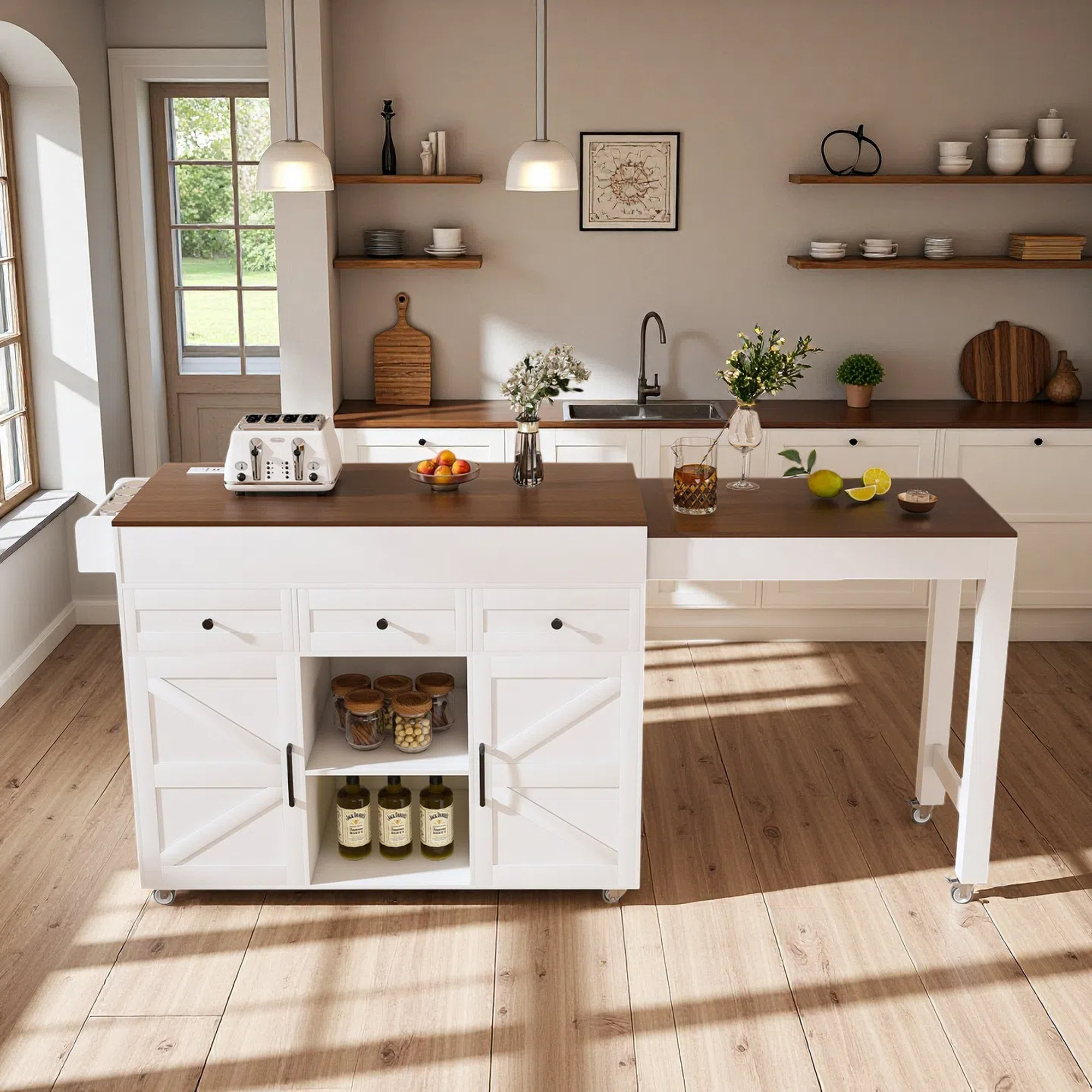 Gracie Oaks Kitchen Island With Extendable Table And Rolling Storage ...