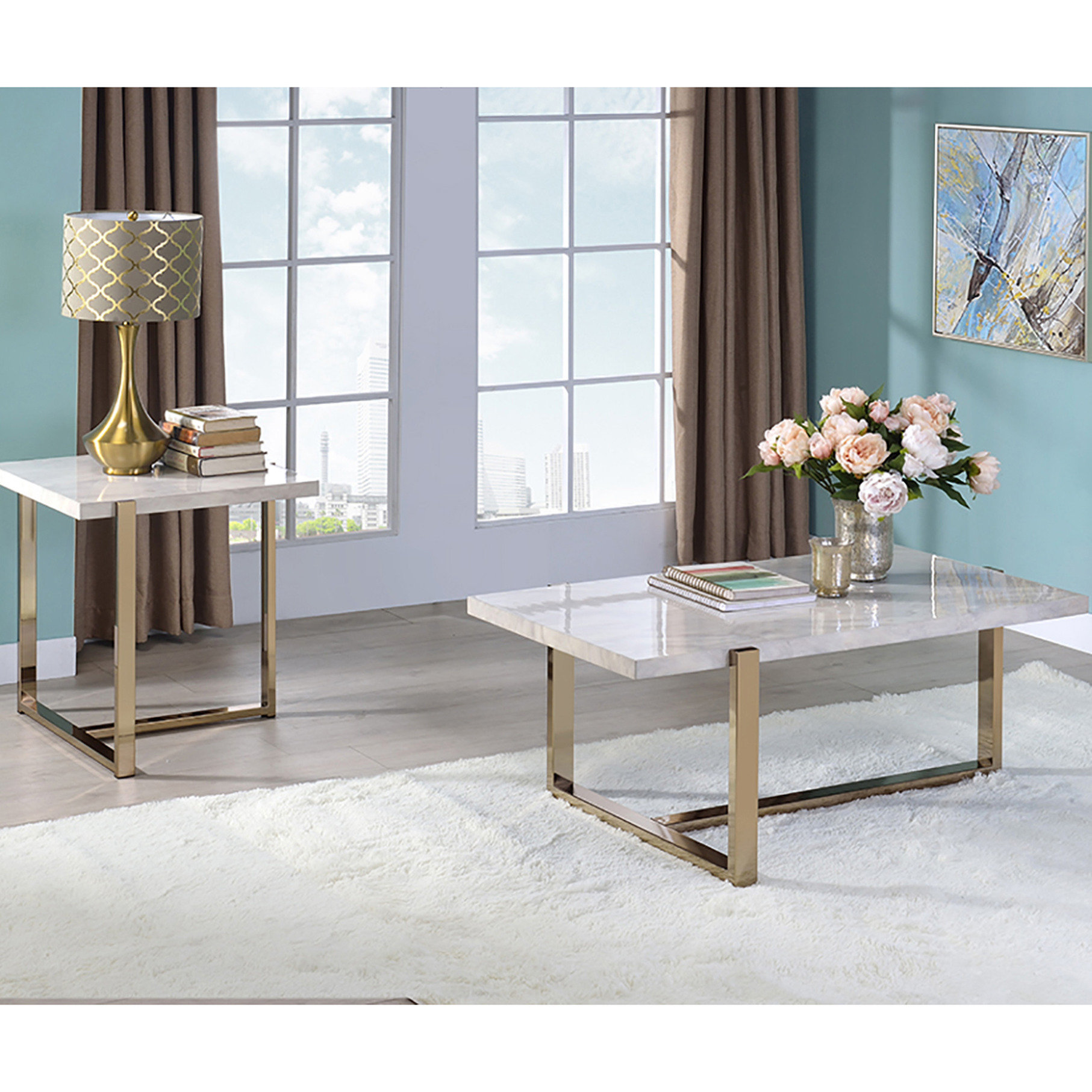 Mercer41 Luxury White And Champagne Faux Marble Workstation Table ...