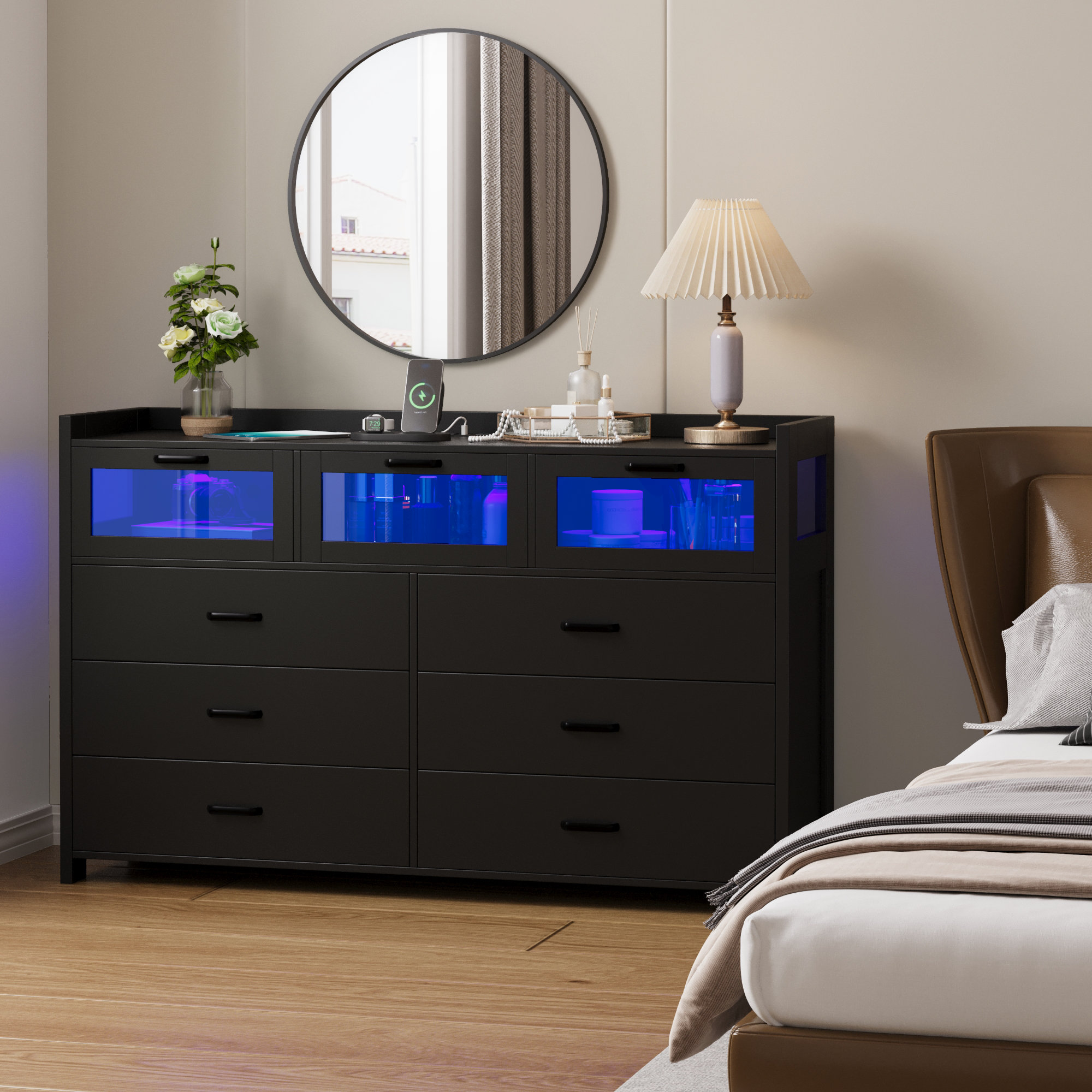 Wrought Studio™ 9 Drawers Dresser For Bedroom, Dresser With Led Lights ...