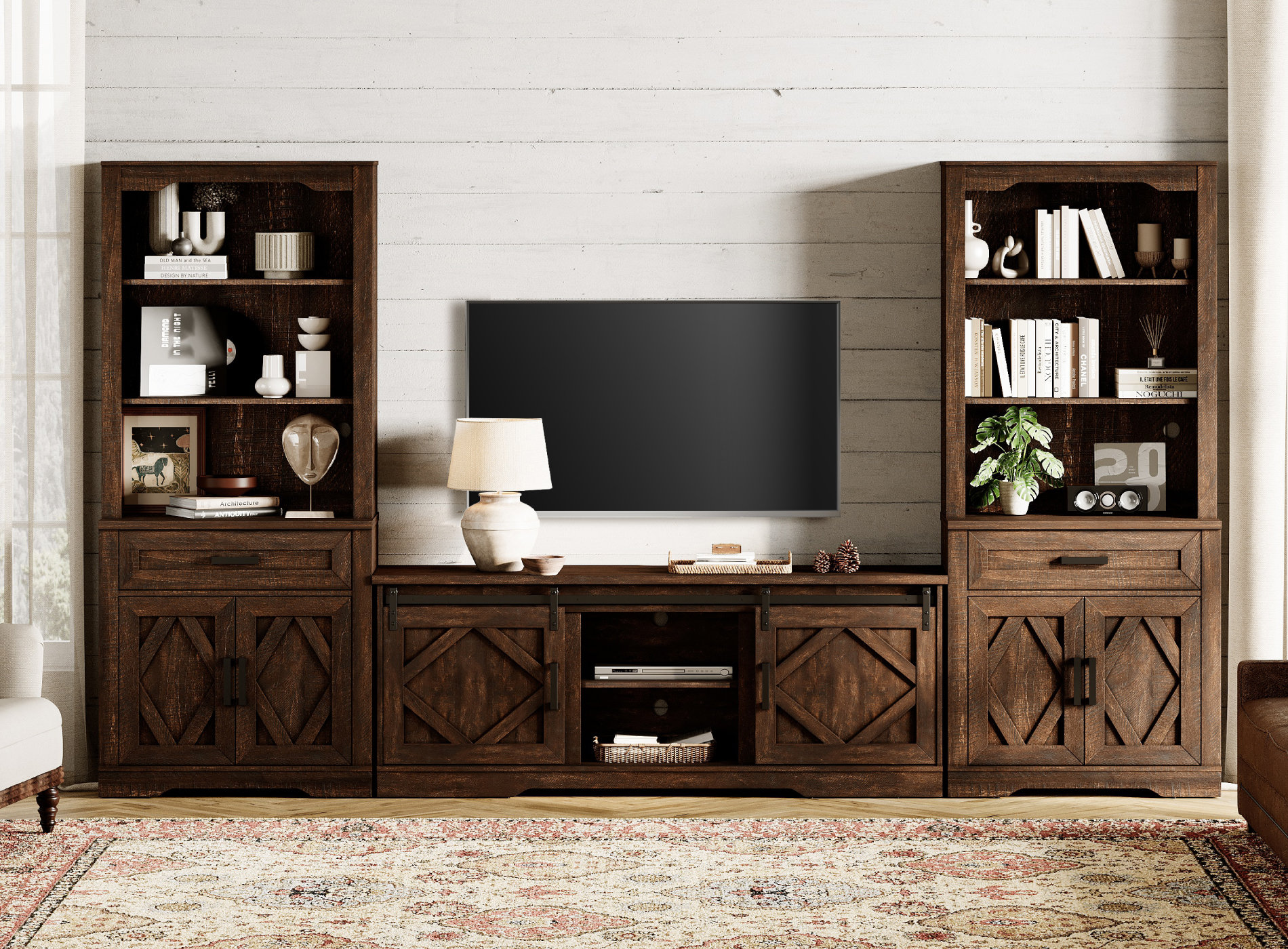 Gracie Oaks Laziza Farmhouse Entertainment Center With Bookshelf For ...