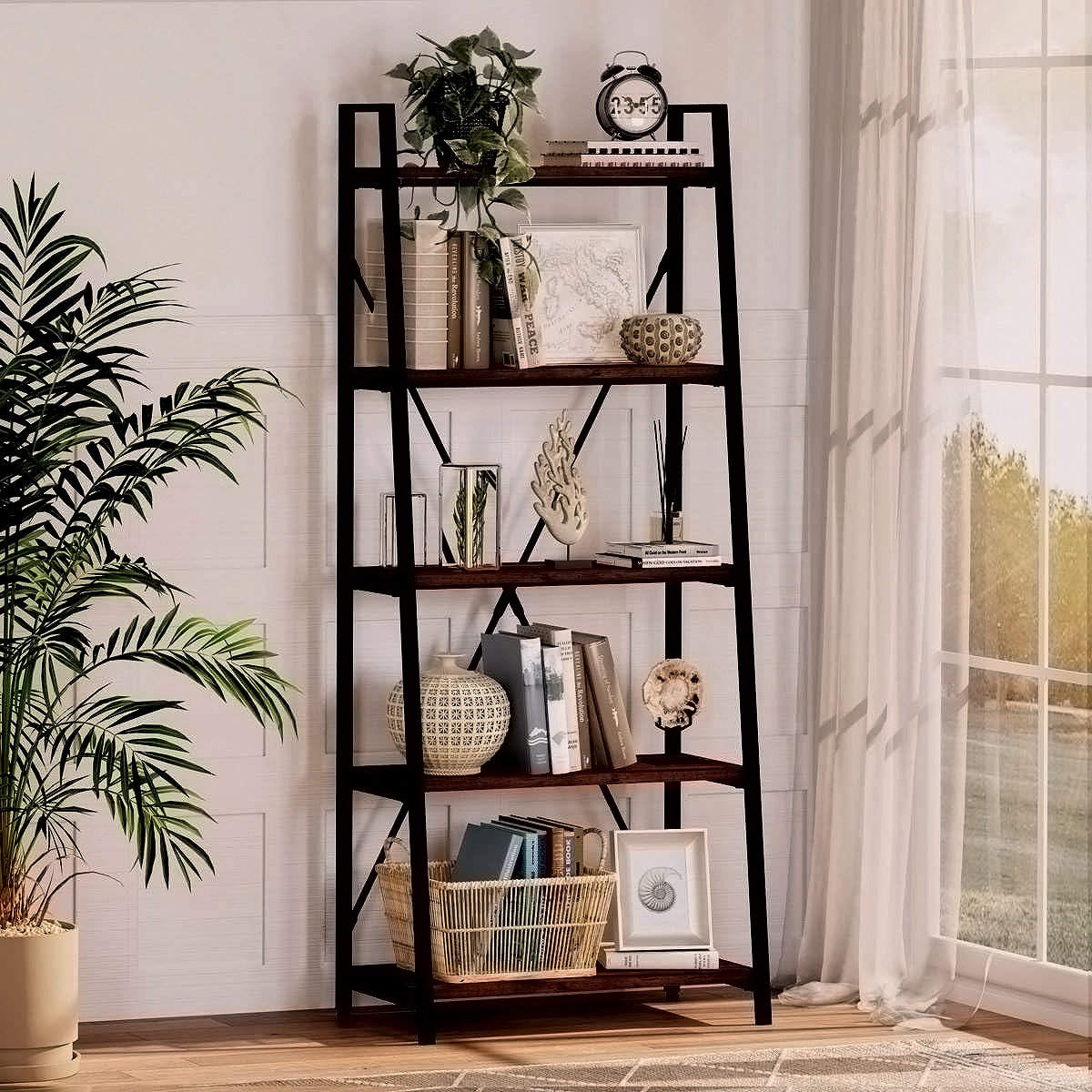 17 Stories 5-Tier Ladder Shelf, Industrial Leaning Bookcase, Wood And ...