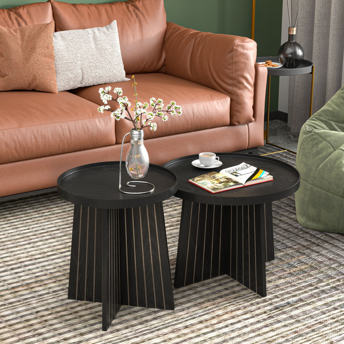 Gracie Oaks Round Fluted Nesting Coffee Table, 2 Piece Coffee Table Set ...