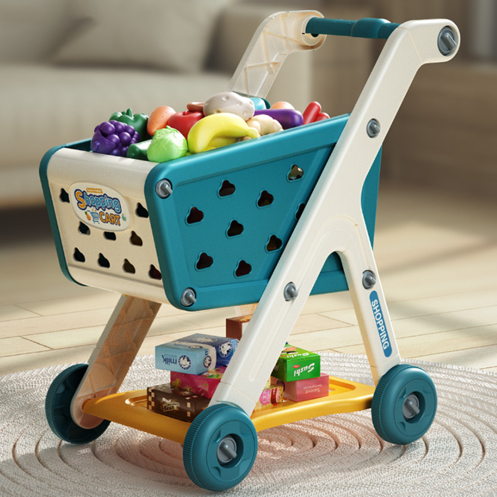 Latitude Run® Kids Shopping Cart Toy with 25 Fruit Vegetable Food ...