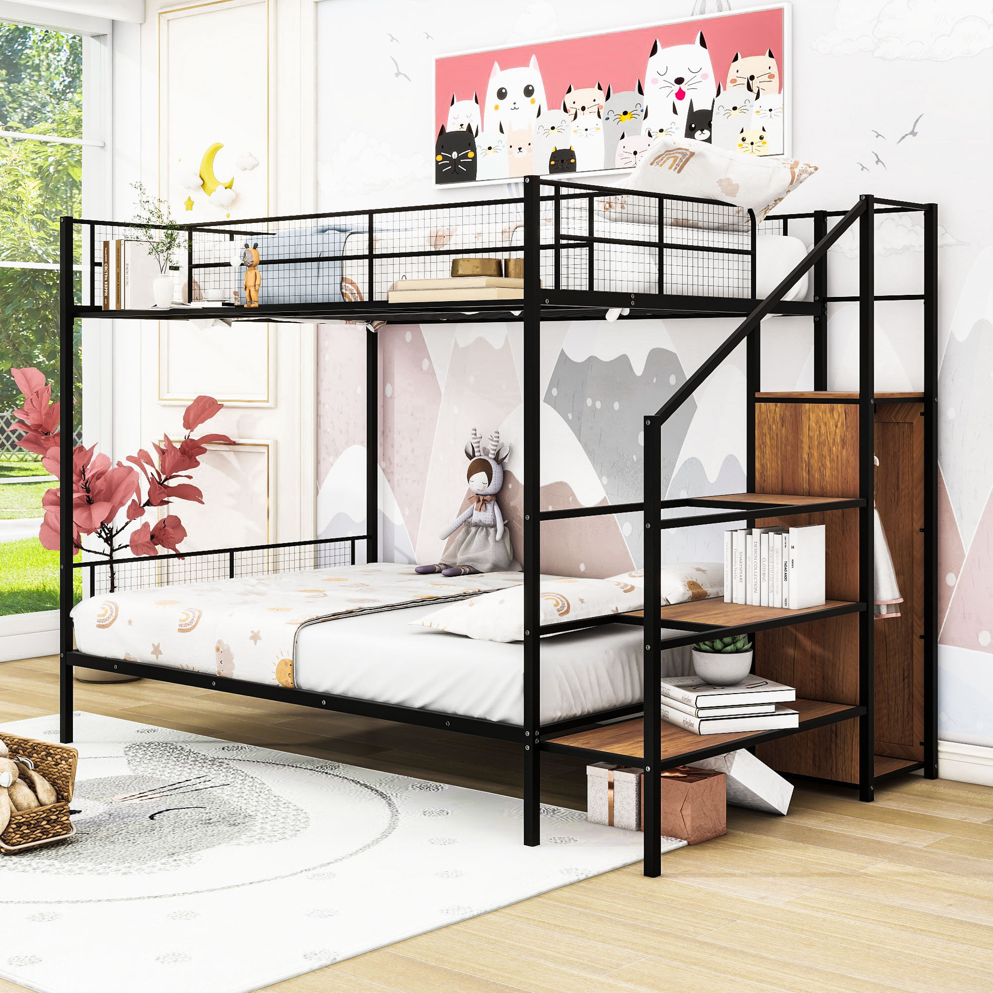 Mason & Marbles Burnam Twin Over Full Metal Bunk Bed With Shelves And ...
