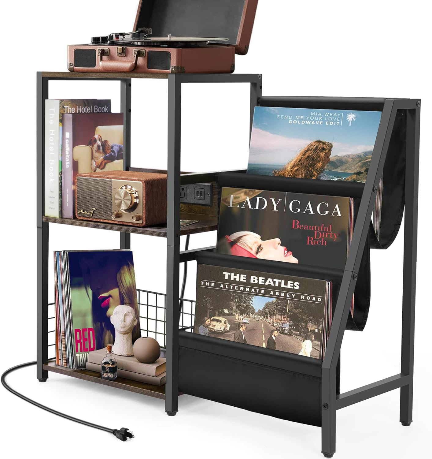 Latitude Run® 3-Tier Vinyl Record Player Stand With Charging Station ...