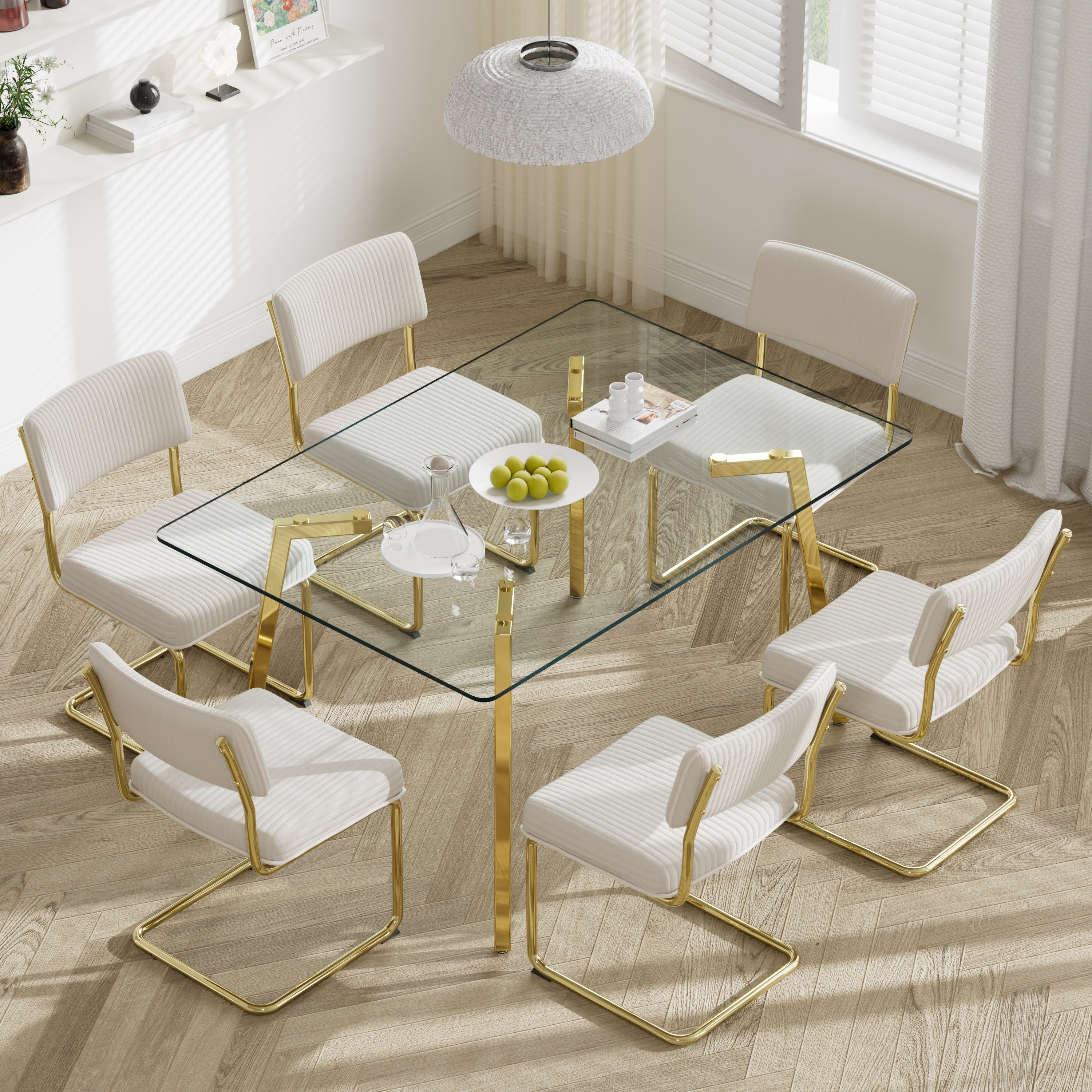 Mercer41 7 Piece Rectangle Glass Dining Table Set, with 6 Corduroy ...