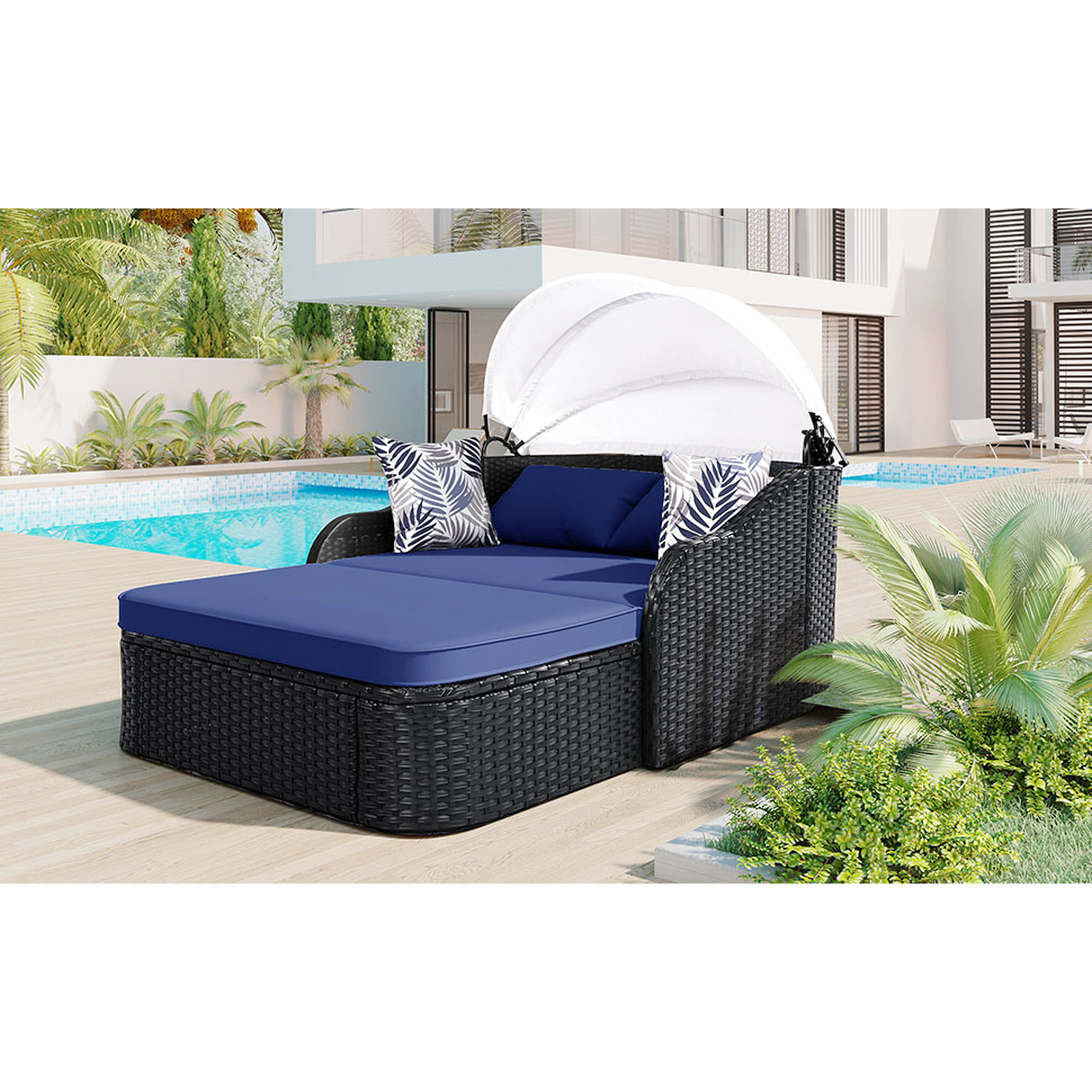Red Barrel Studio® Adjustable Canopy Outdoor Sunbed With Soft Pillow - Black And Blue Cushion ...